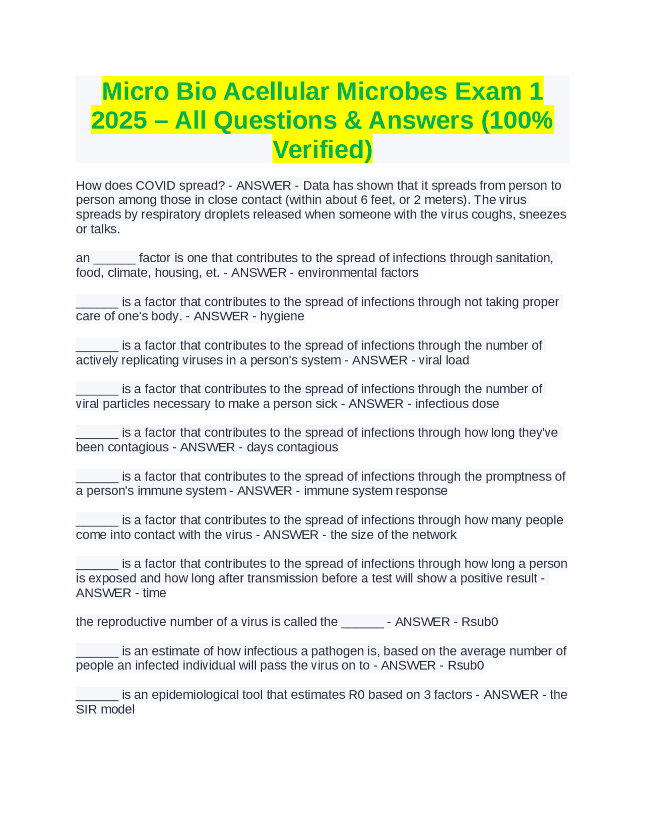 Micro Bio Acellular Microbes Exam 1 2025 – All Questions & Answers (100 ...