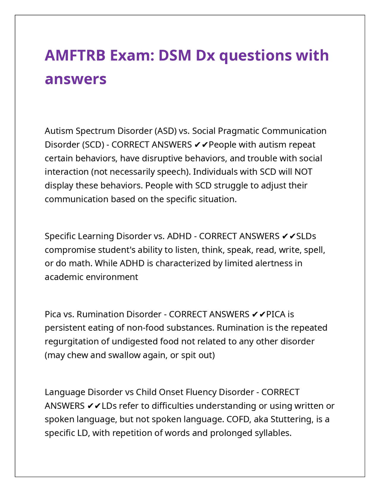 AMFTRB Exam- DSM Dx questions with answers | Exams Health sciences ...