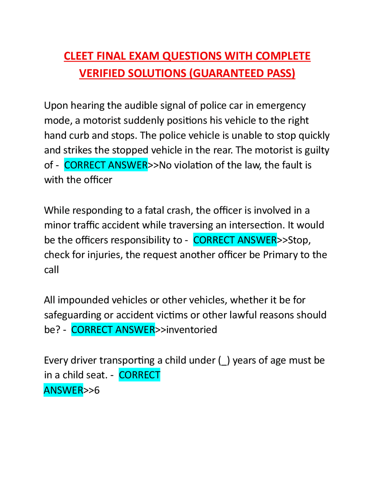 CLEET FINAL EXAM QUESTIONS WITH COMPLETE VERIFIED SOLUTIONS (GUARANTEED ...