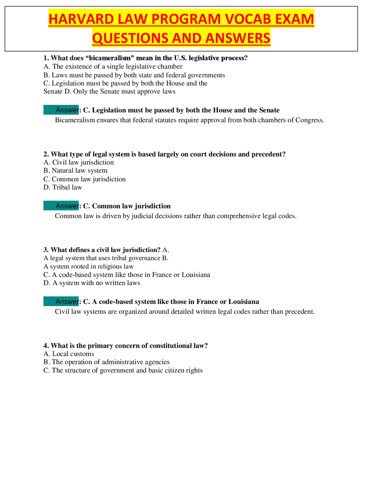 HARVARD LAW PROGRAM VOCAB EXAM QUESTIONS AND ANSWERS | Exams Law | Docsity