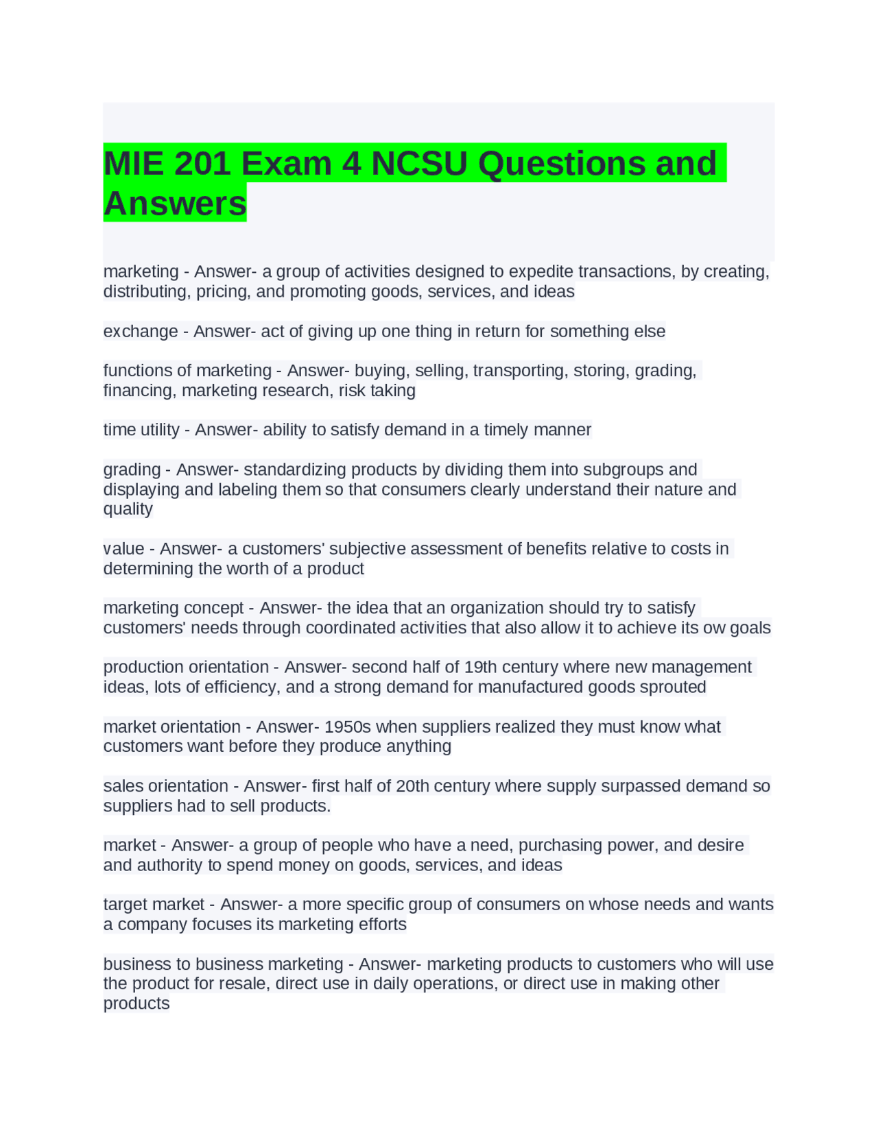 MIE 201 Exam 4 NCSU Questions and Answers | Latest Updated | Graded A ...