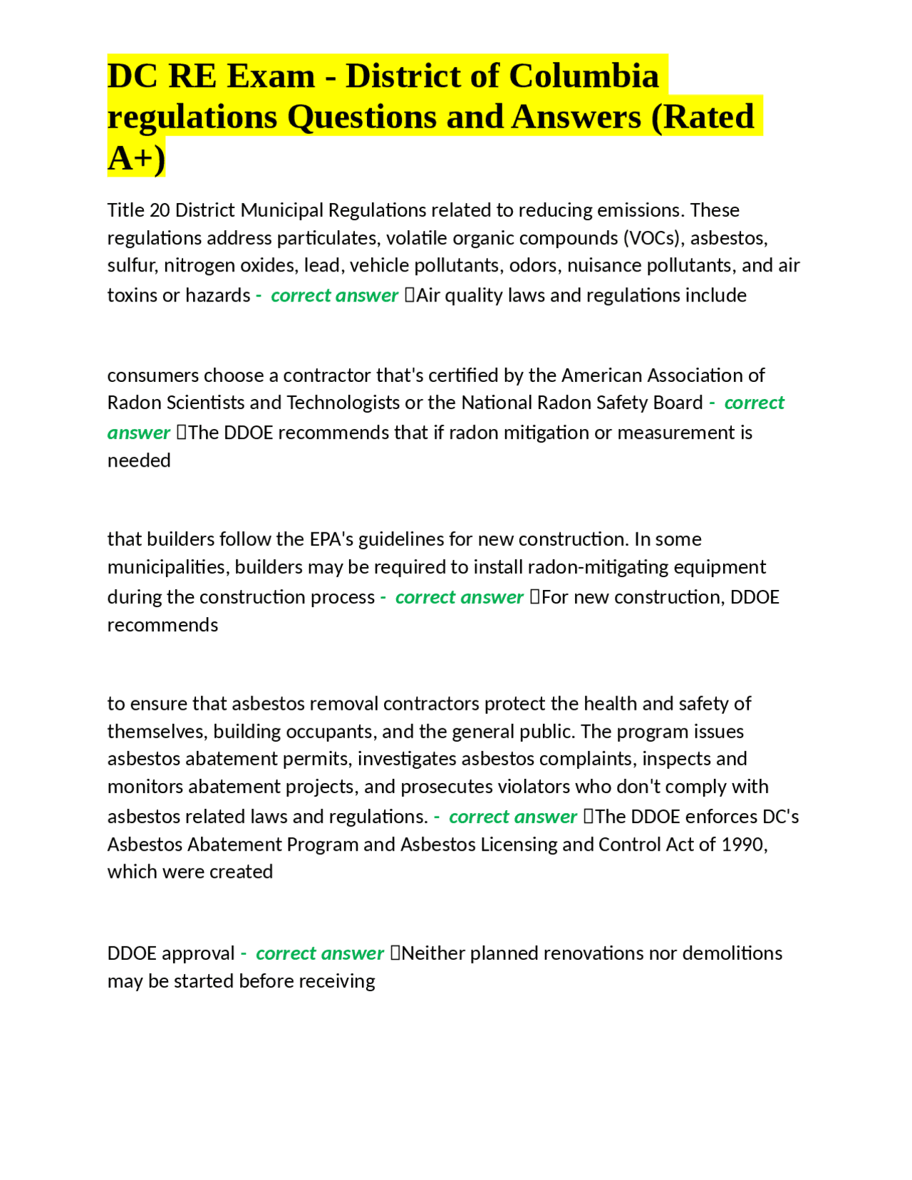 DC RE Exam - District of Columbia regulations Questions and Answers ...
