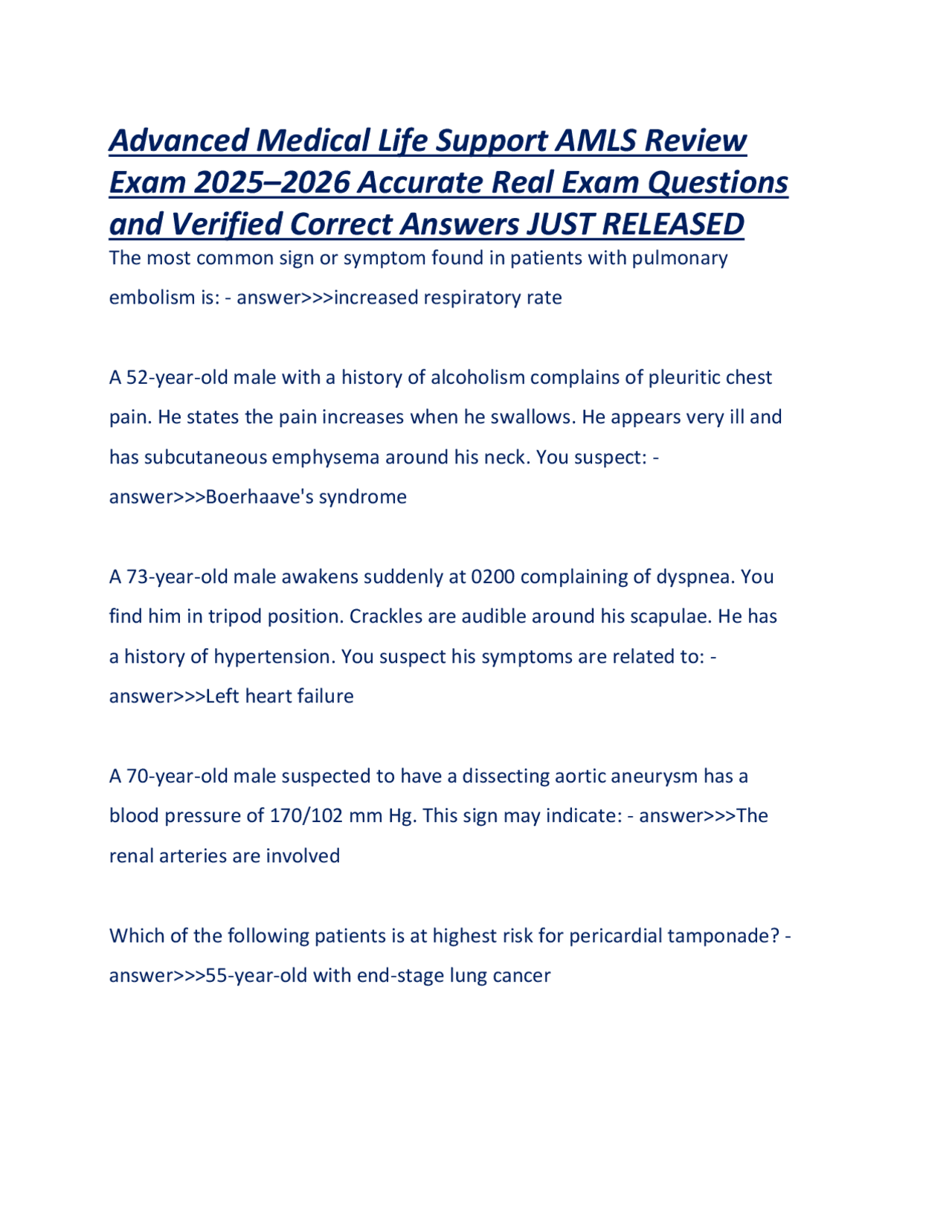 Advanced Medical Life Support AMLS Review Exam 2025–2026 EMS ...