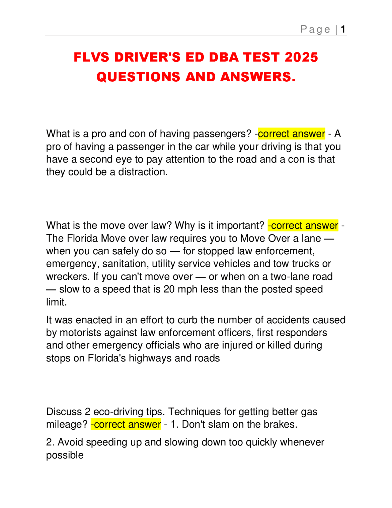 FLVS DRIVER'S ED DBA TEST 2025 QUESTIONS AND ANSWERS. | Exams Transport ...