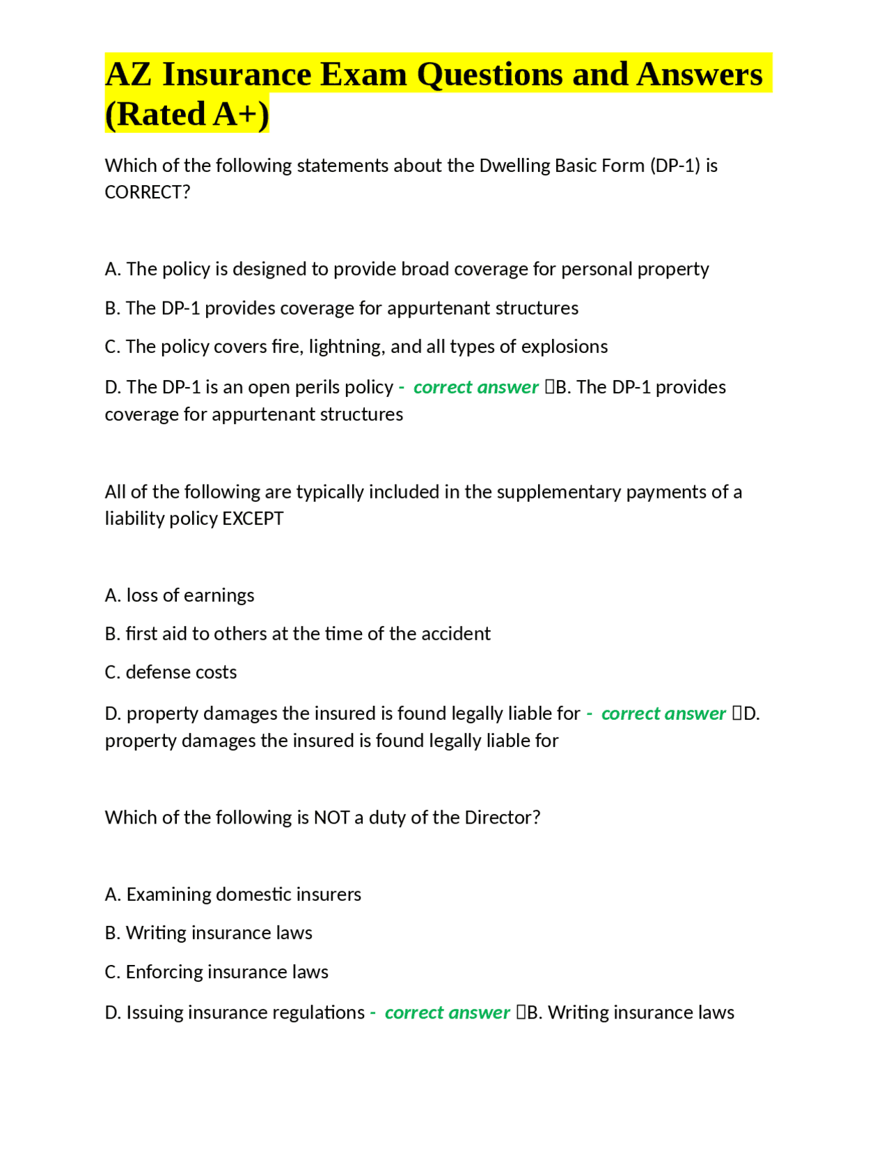 AZ Insurance Exam Questions and Answers (Rated A+) | Exams Advanced ...