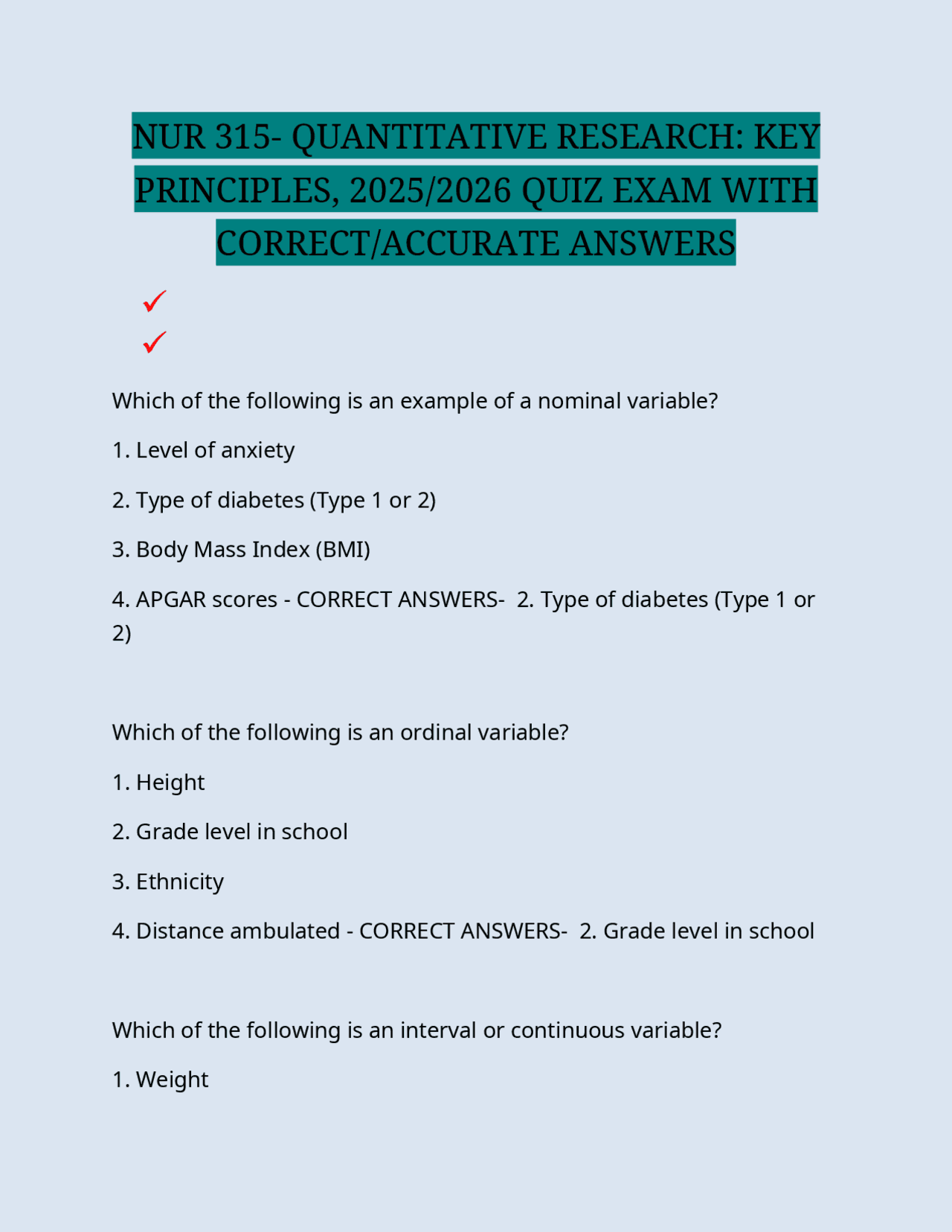 NUR 315- QUANTITATIVE RESEARCH: KEY PRINCIPLES, 2025/2026 QUIZ EXAM ...