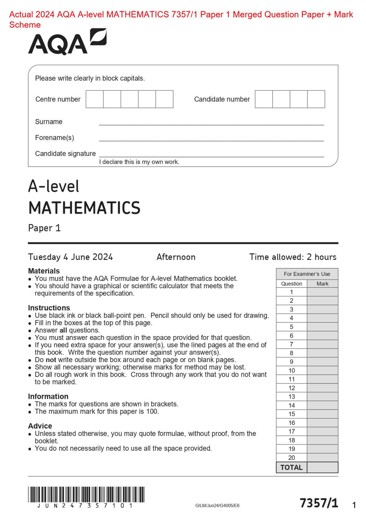 . Actual 2024 AQA A-level MATHEMATICS 7357/1 Paper 1 Merged Question Paper + Mark Scheme | Exams ...