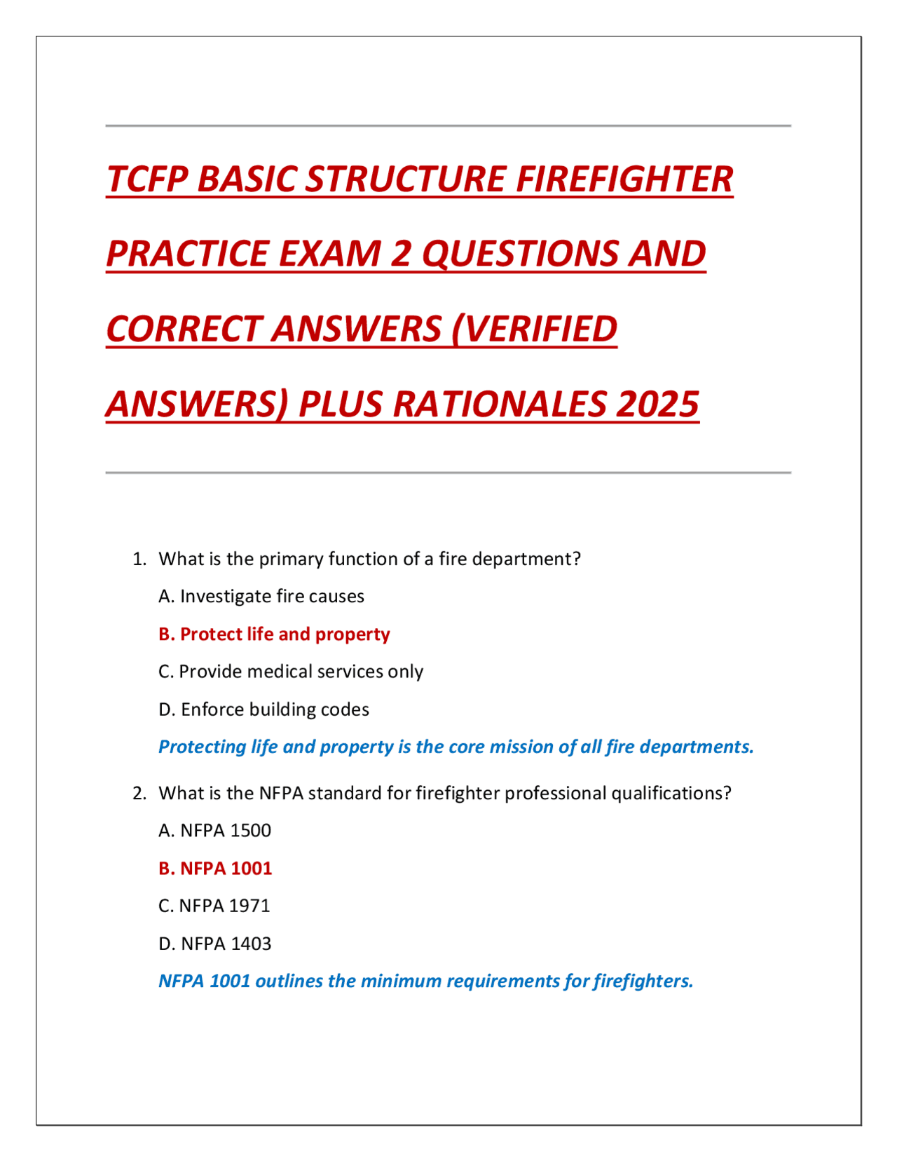 TCFP BASIC STRUCTURE FIREFIGHTER PRACTICE EXAM 2 QUESTIONS AND CORRECT ...