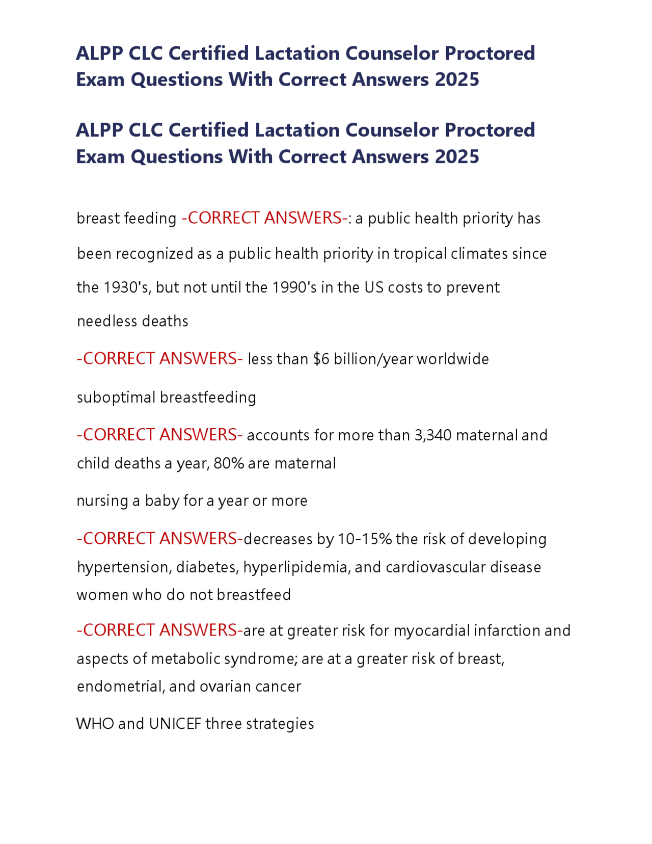 ALPP CLC Certified Lactation Counselor Proctored Exam Questions With ...