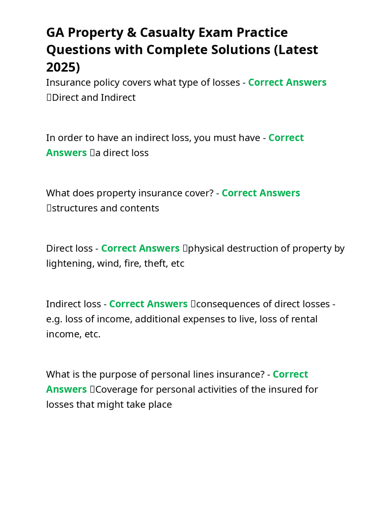 GA Property & Casualty Exam Practice Questions with Complete Solutions ...