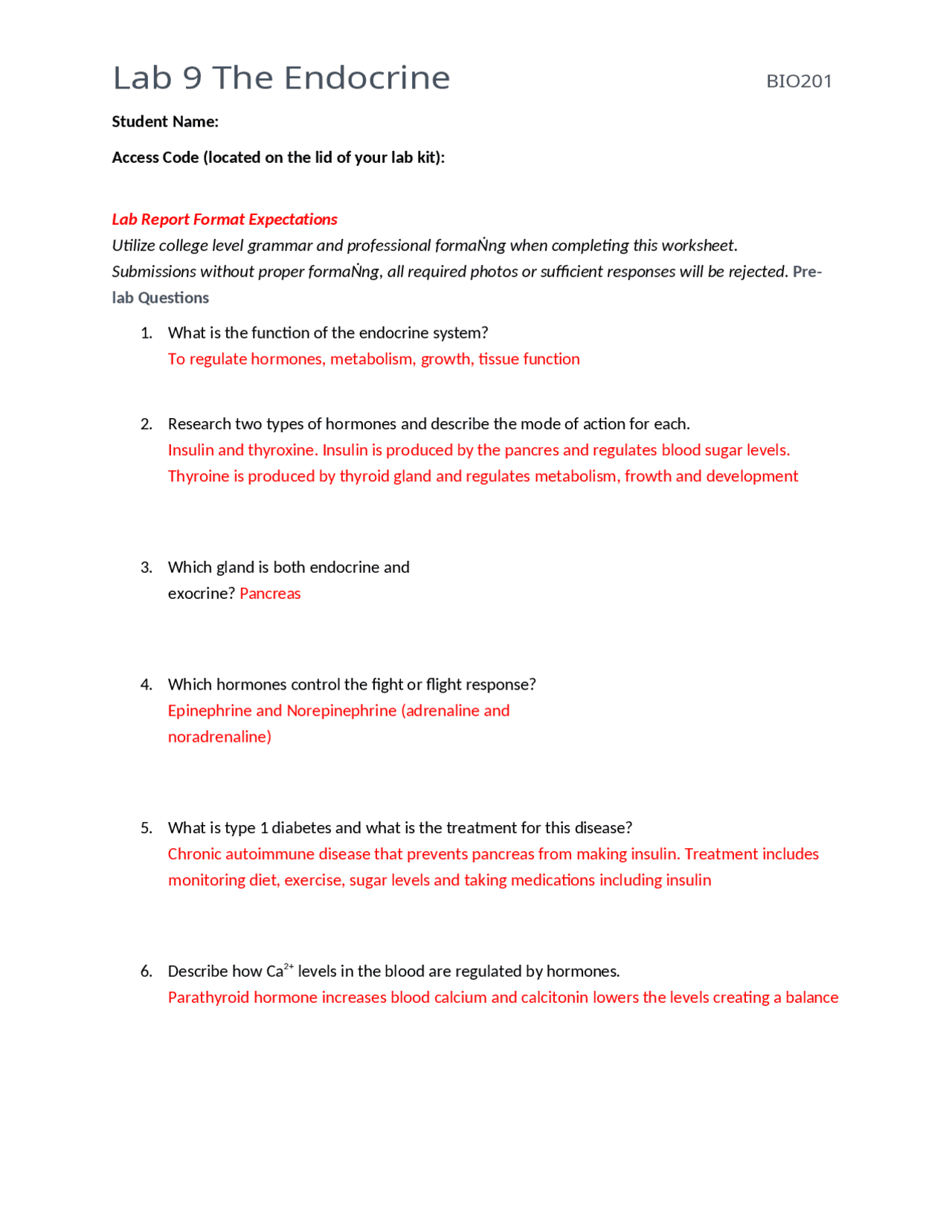 BIO 201L Lab 9 The Endocrine System SUMMER 2025 | Quizzes Biology | Docsity