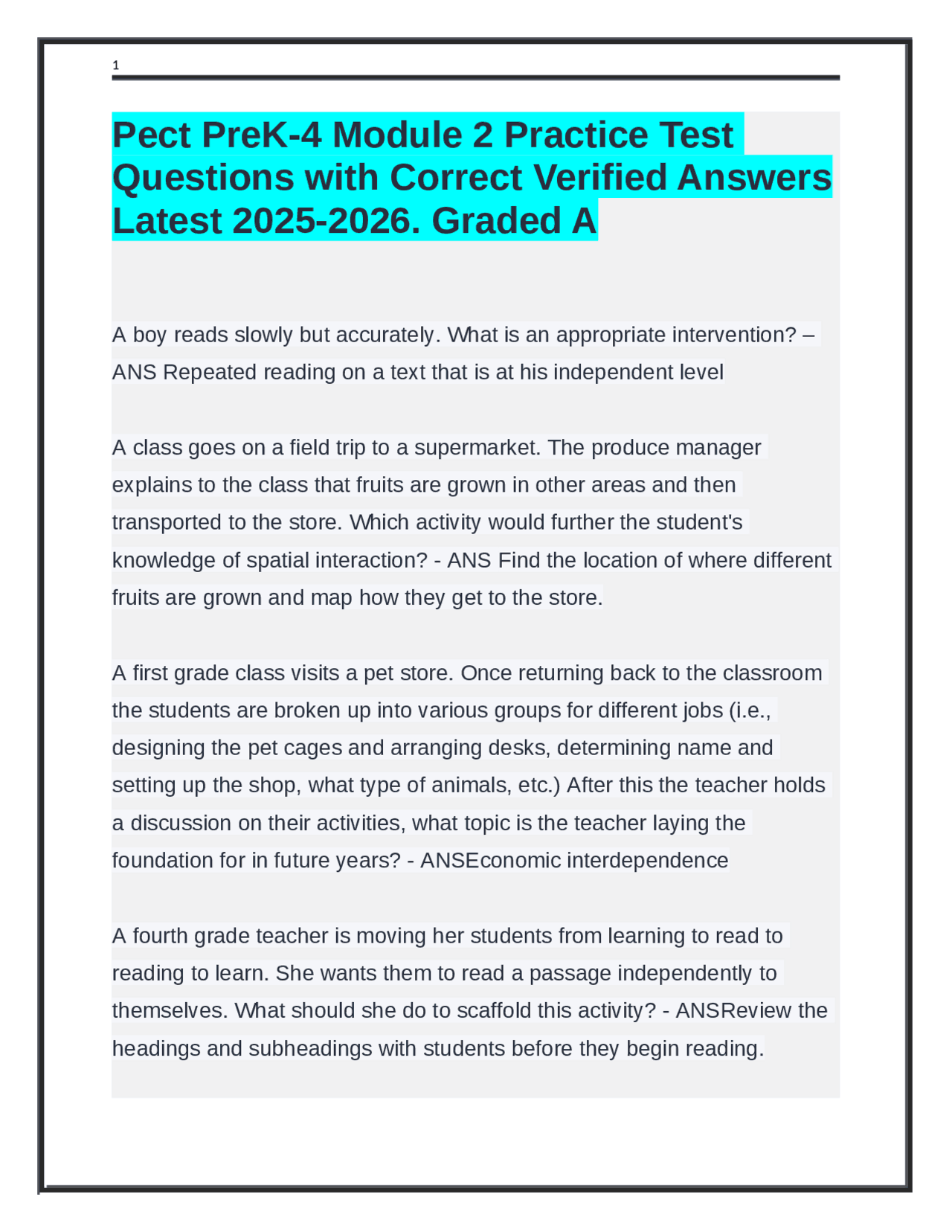 Pect PreK-4 Module 2 Practice Test Questions & Correct Verified Answers ...