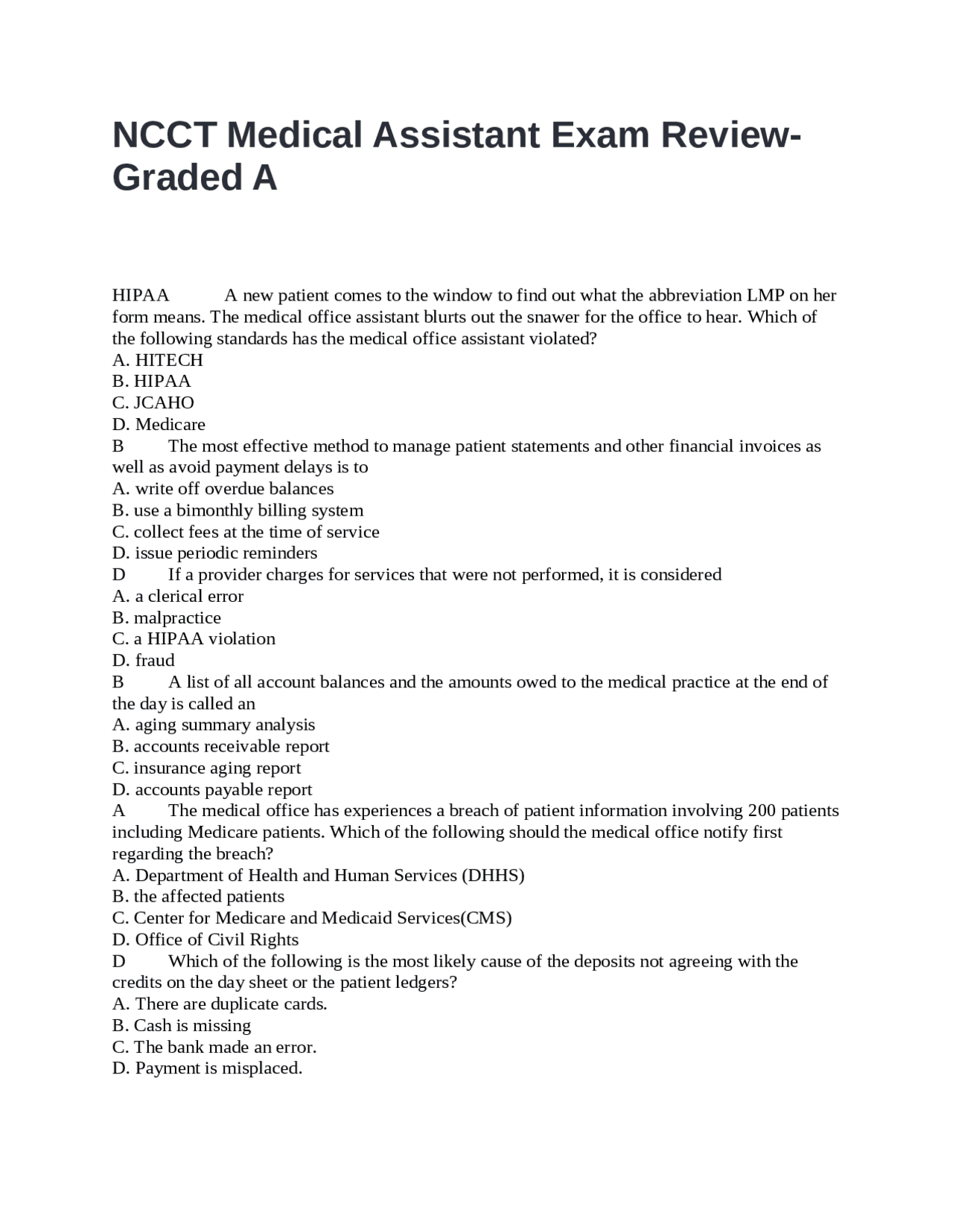 NCCT Medical Assistant Exam Review-Graded A | Exams Advanced Education ...