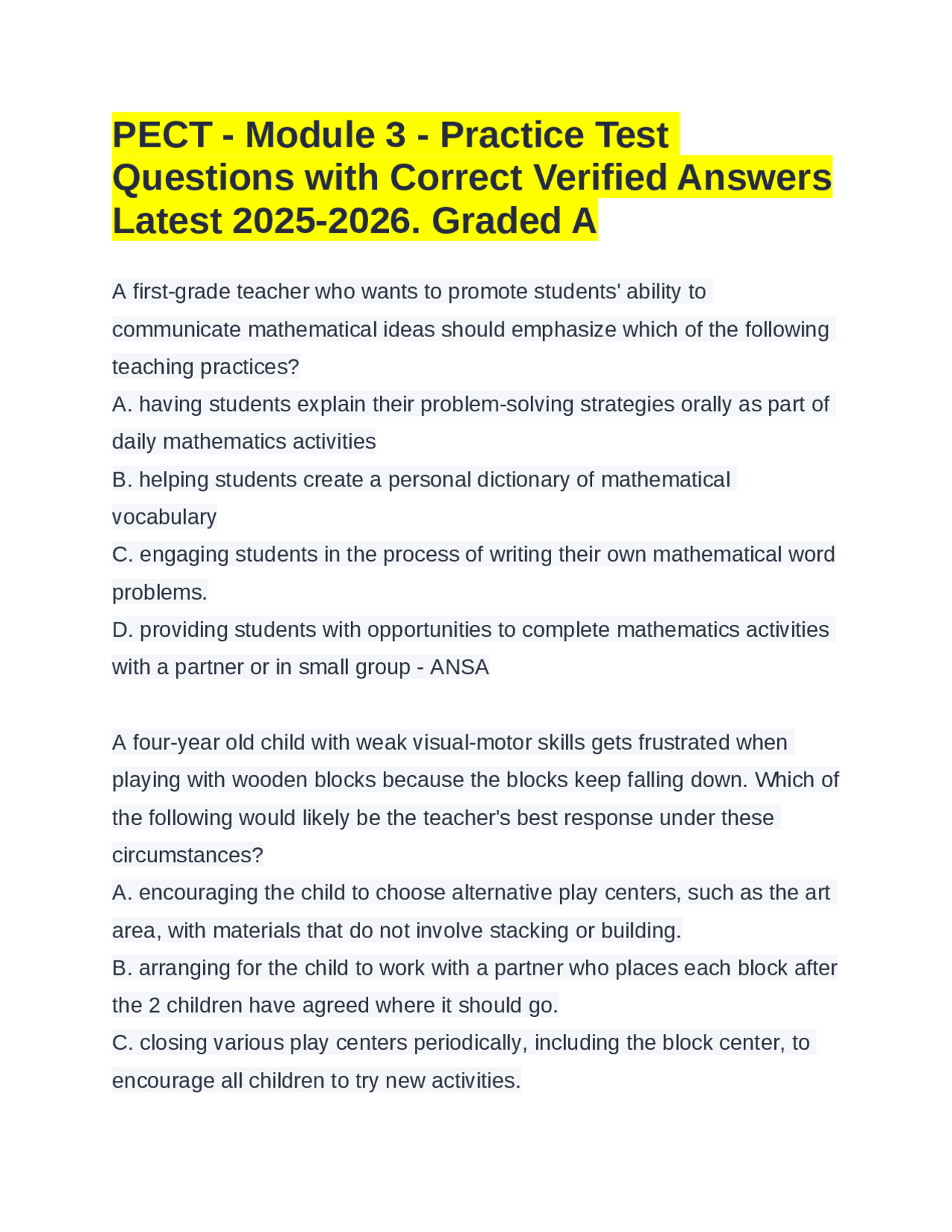 PECT - Module 3 - Practice Test Questions with Correct Verified Answers ...