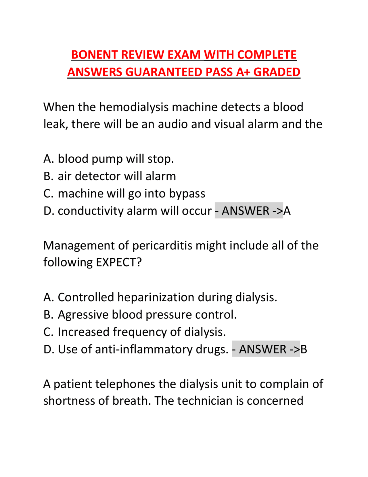 BONENT REVIEW EXAM WITH COMPLETE ANSWERS GUARANTEED PASS A+ GRADED ...