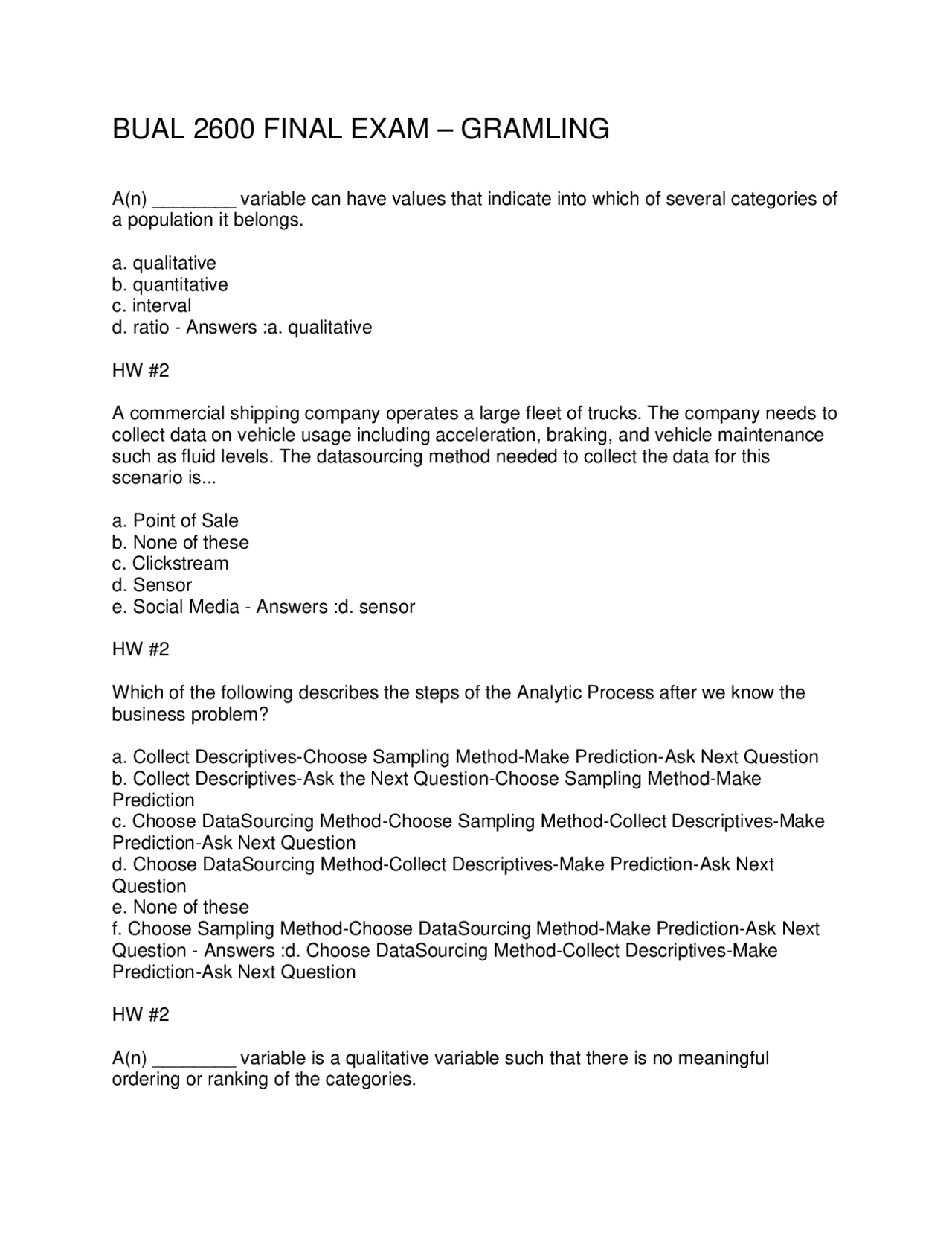BUAL 2600 FINAL EXAM – GRAMLING | Exams Social Sciences | Docsity