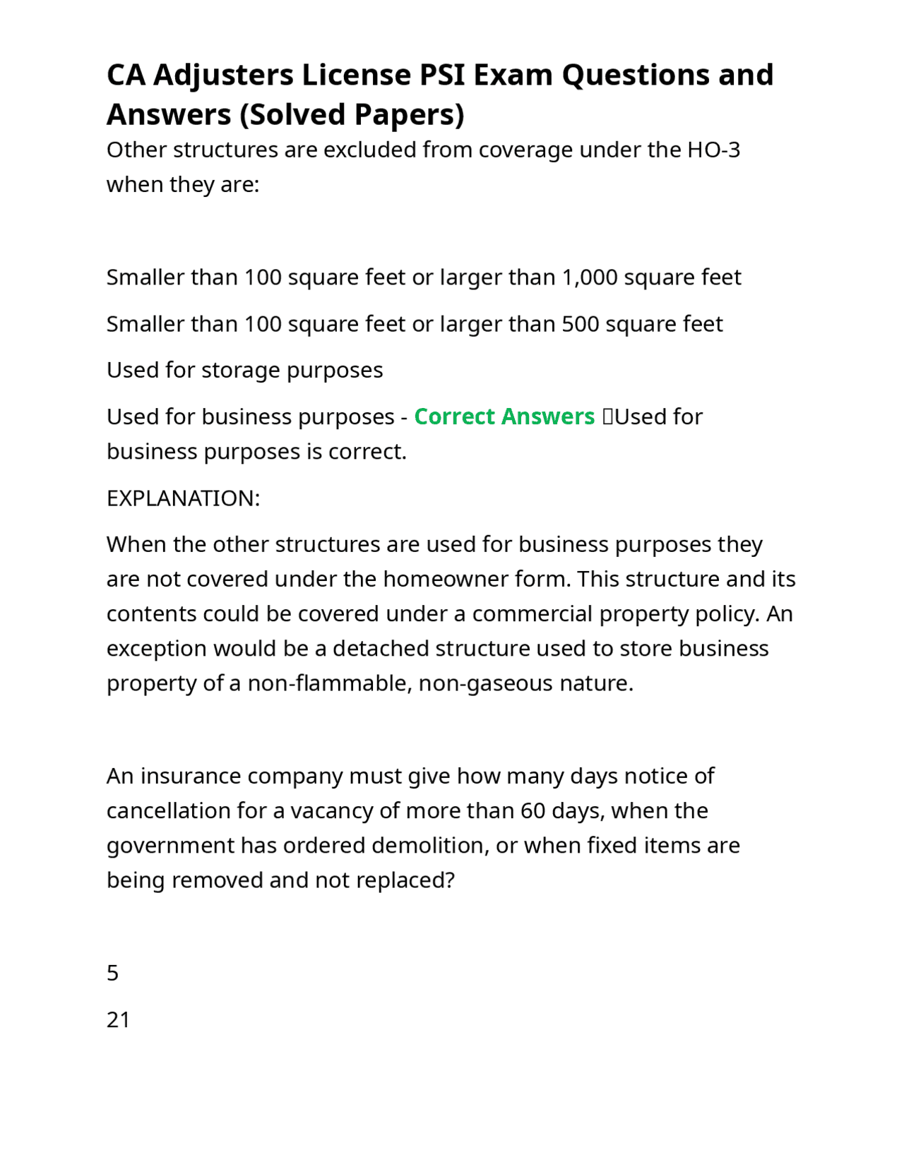 CA Adjusters License PSI Exam Questions and Answers (Solved Papers ...