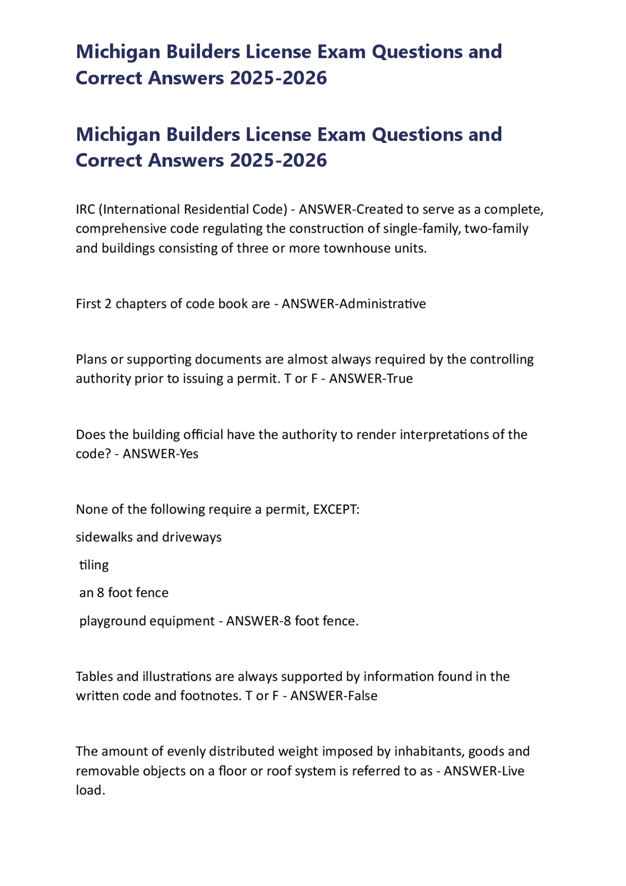 Michigan Builders License Exam Questions and Correct Answers 2025-2026 ...
