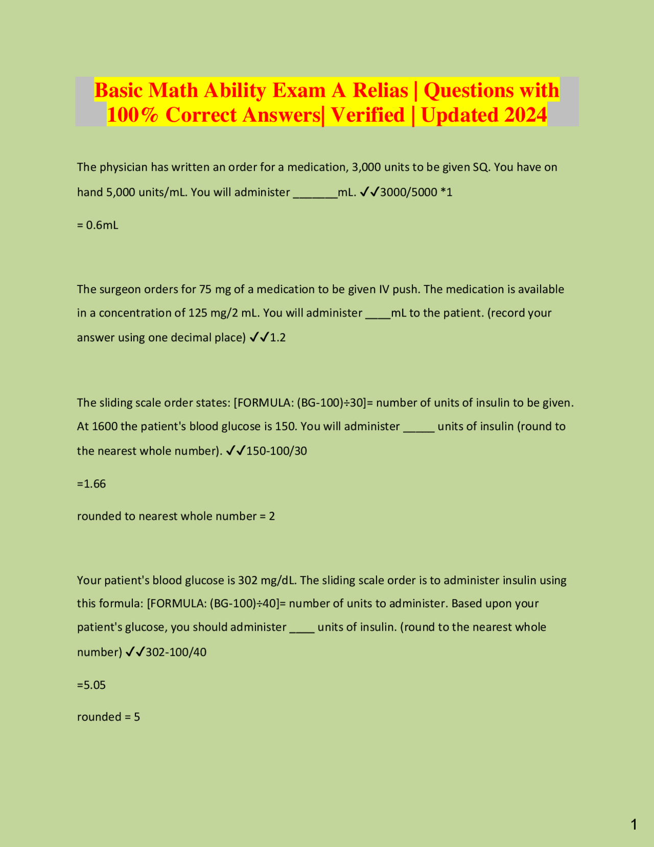 Basic Math Ability Exam A Relias | Questions with 100% Correct Answers| Verified | Update ...