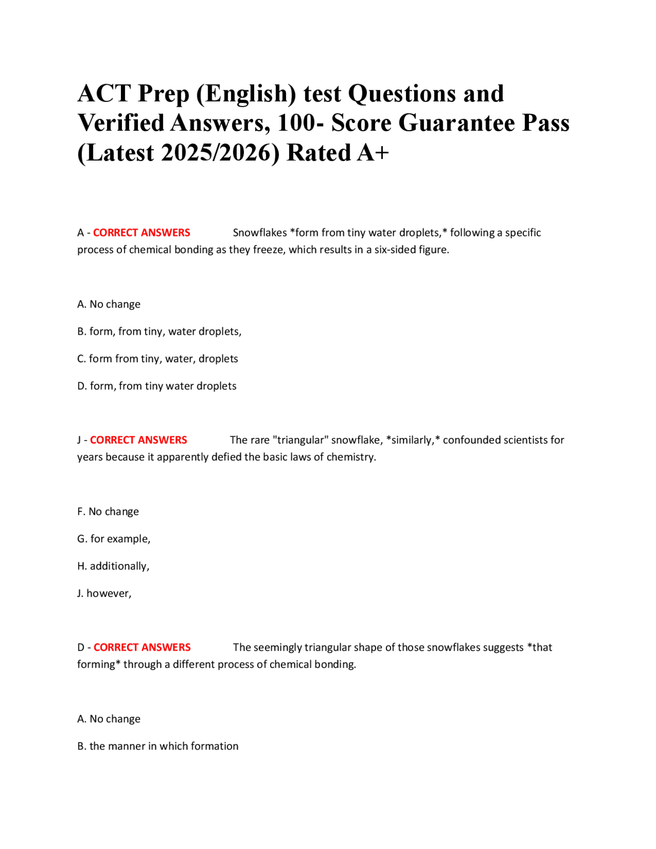 ACT Prep (English) test Questions and Verified Answers, 100- Score ...