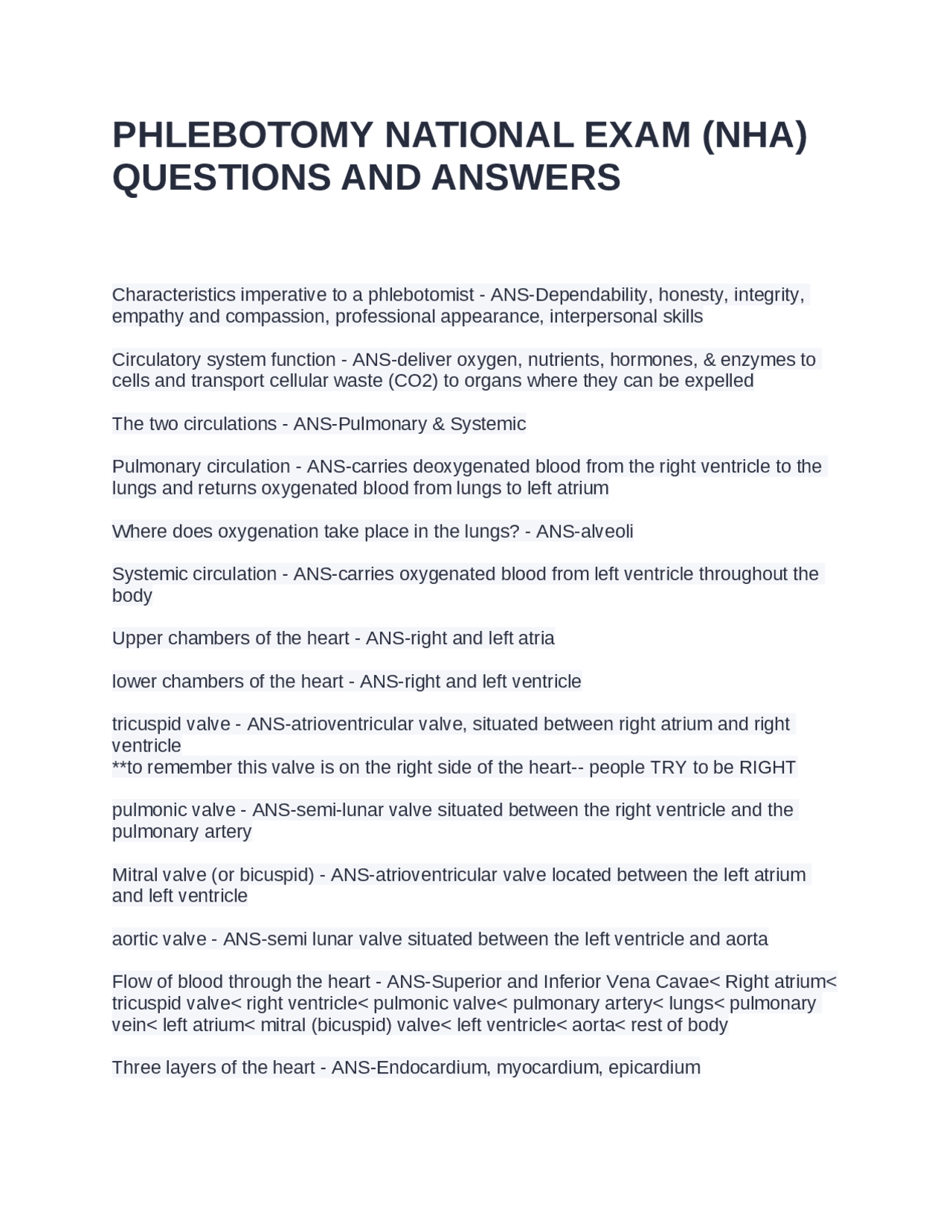 PHLEBOTOMY NATIONAL EXAM (NHA) QUESTIONS AND ANSWERS | Exams Advanced ...