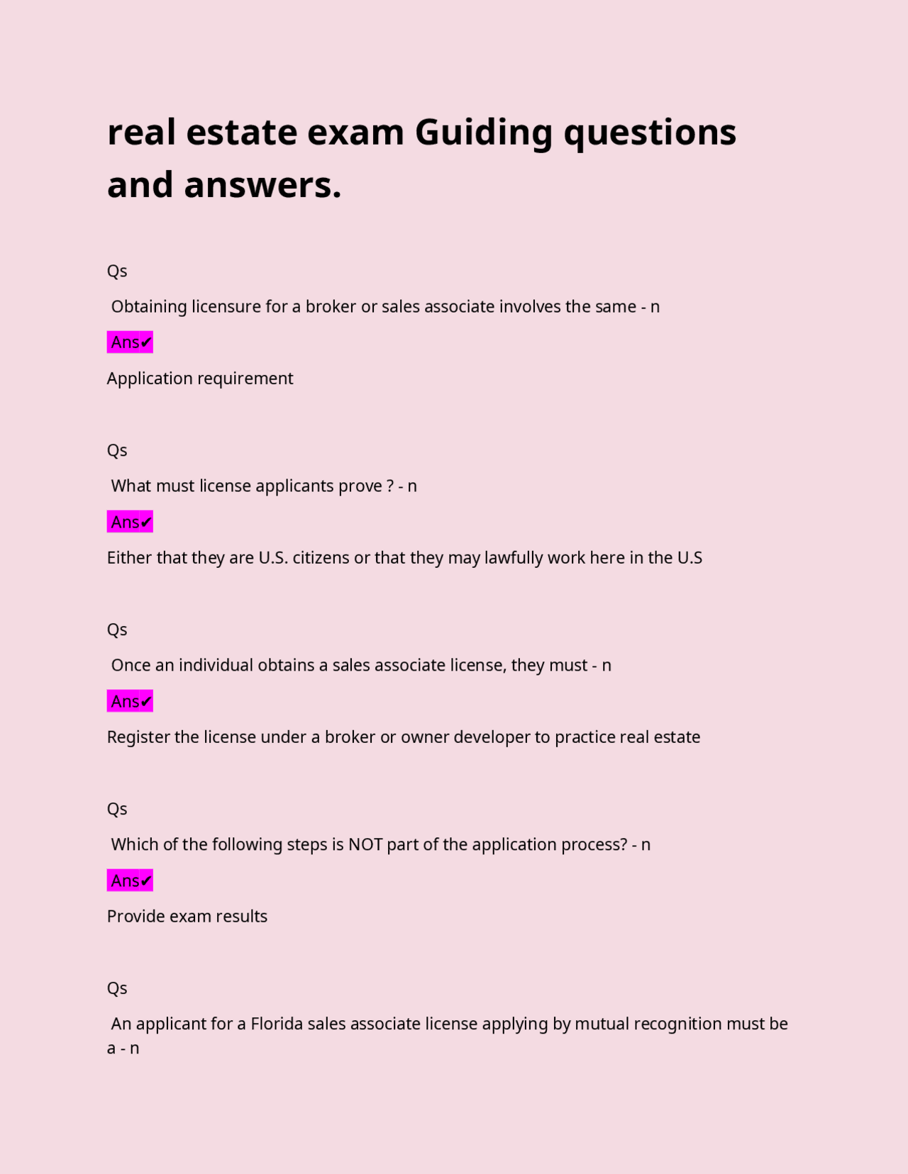 real estate exam Guiding questions and answers. Qs Obtaining licensure ...