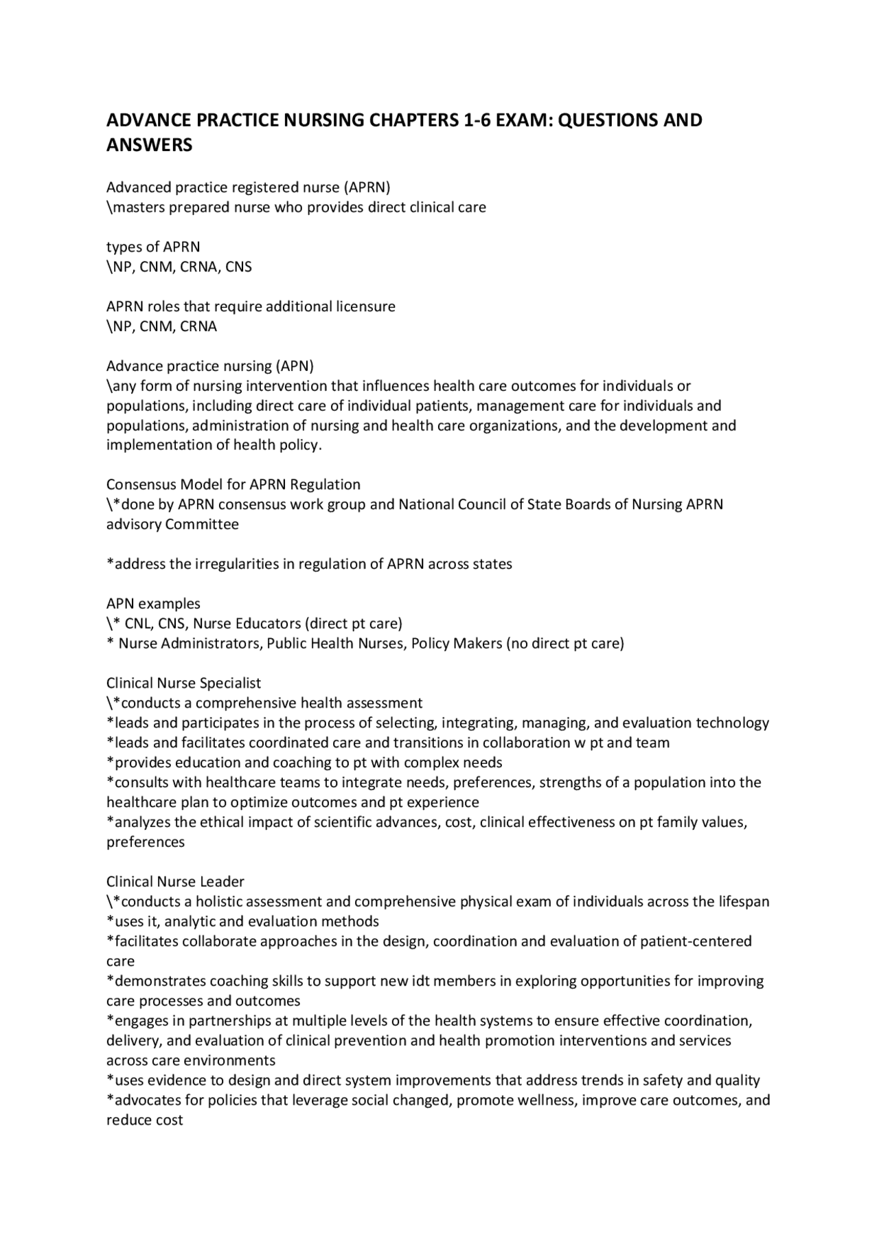 ADVANCE PRACTICE NURSING CHAPTERS 1-6 EXAM: QUESTIONS AND ANSWERS ...