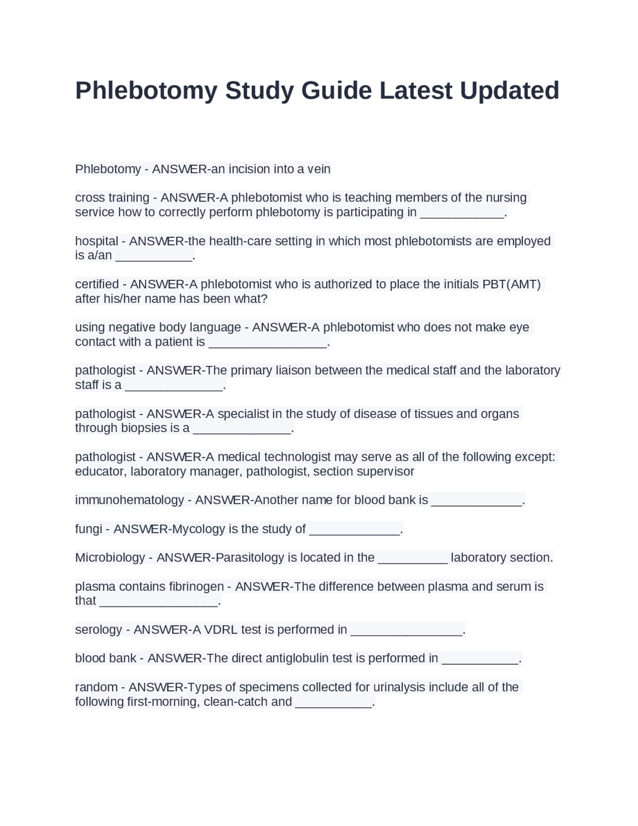 Phlebotomy Study Guide Latest Updated | Exams Advanced Education | Docsity