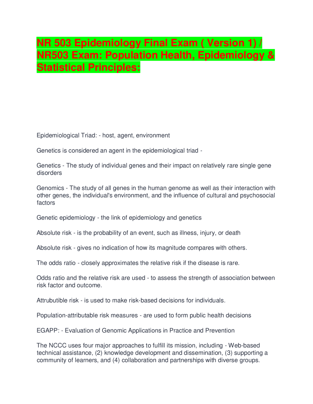 NR 503 Epidemiology Final Exam ( Version 1) / NR503 Exam: Population Health, Epidemiology ...