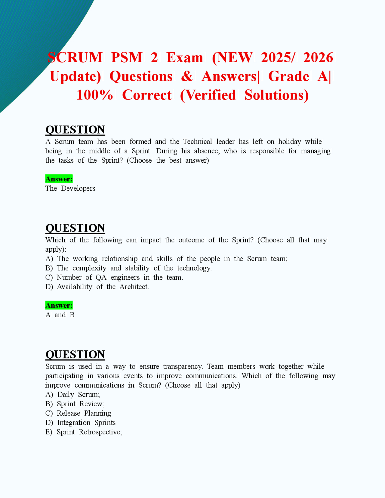 SCRUM PSM 2 Exam (NEW 2025/ 2026 Update) Questions & Answers| Grade A ...