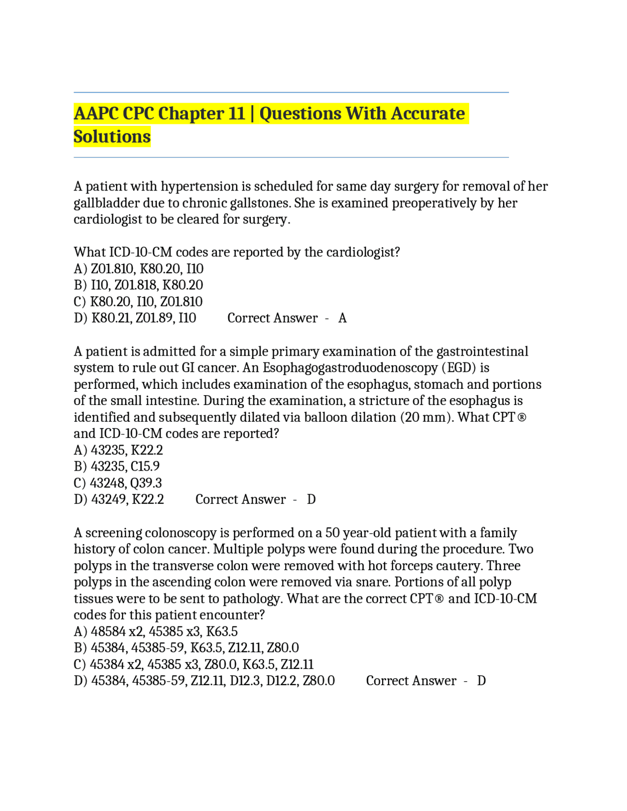 AAPC CPC Chapter 11 | Questions With Accurate Solutions | Exams Nursing | Docsity