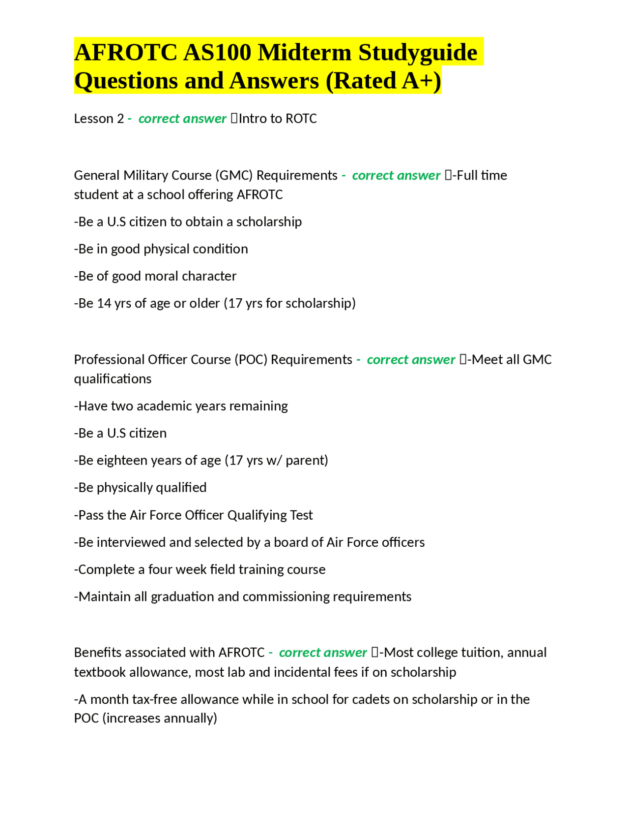 AFROTC AS100 Midterm Studyguide Questions and Answers (Rated A+ ...