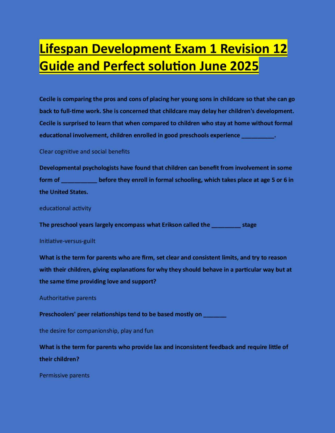 Lifespan Development Exam 1 Revision 12 Guide and Perfect solution | Exams Human Physiology ...