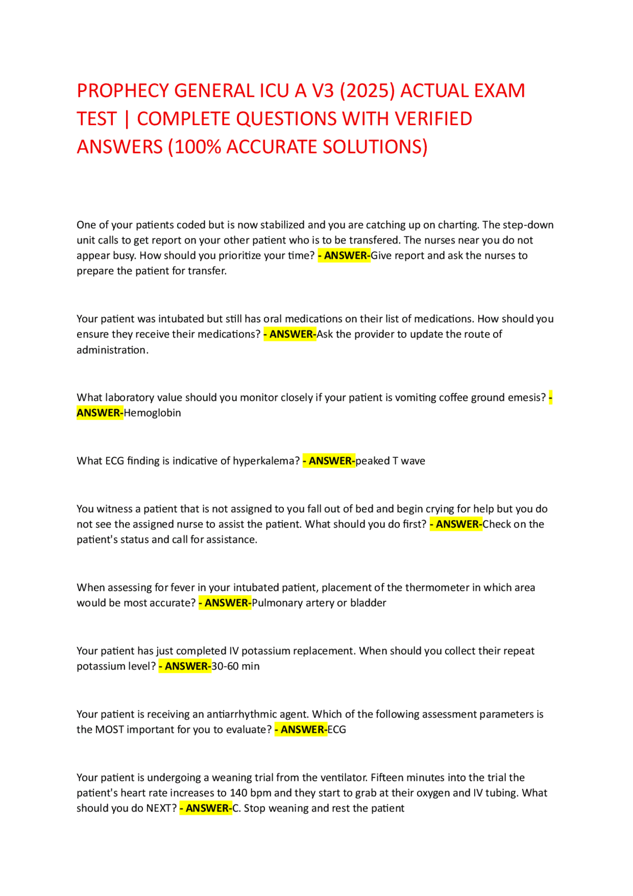 PROPHECY GENERAL ICU A V3 (2025) ACTUAL EXAM TEST | COMPLETE QUESTIONS ...