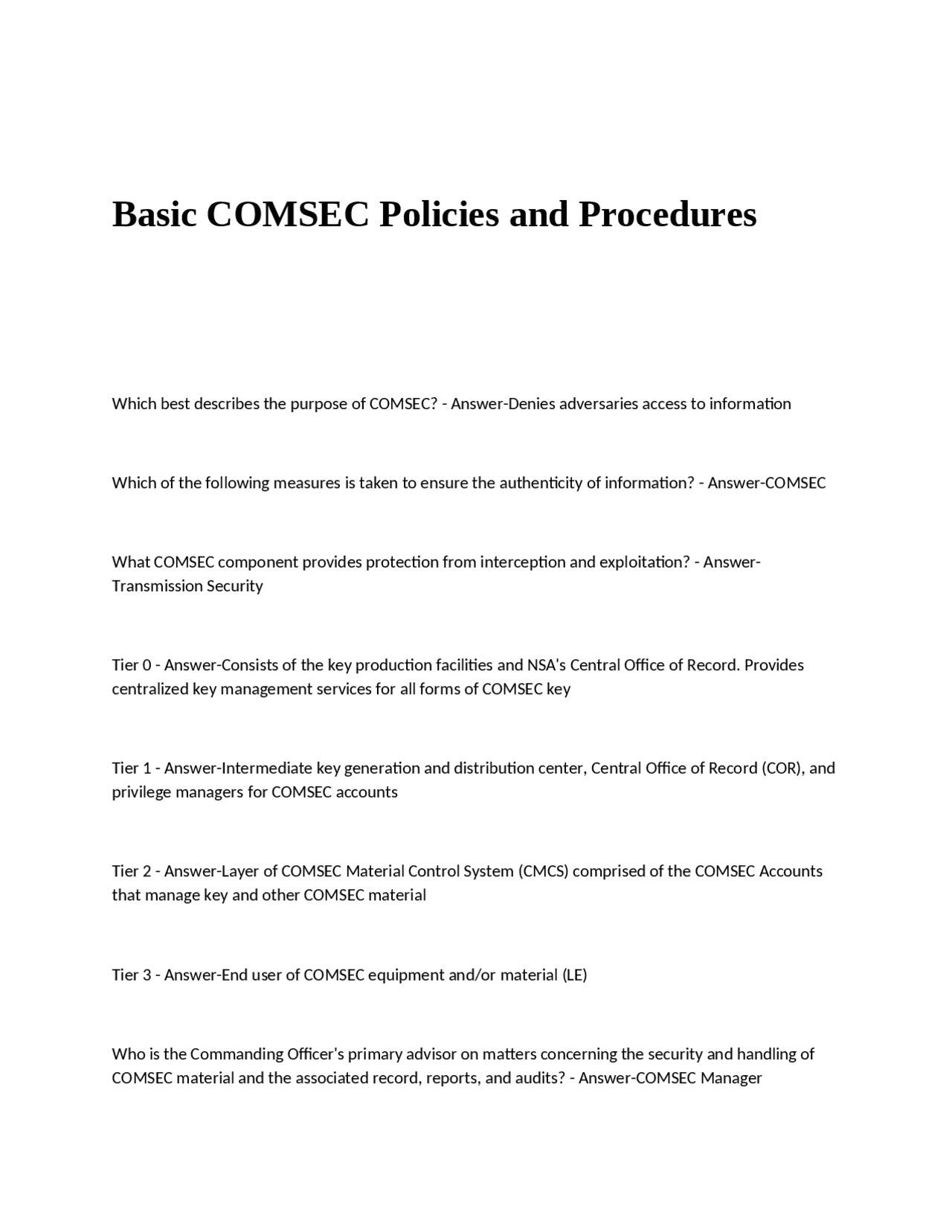Basic COMSEC Policies and Procedures Exam Questions and Answers | Exams ...