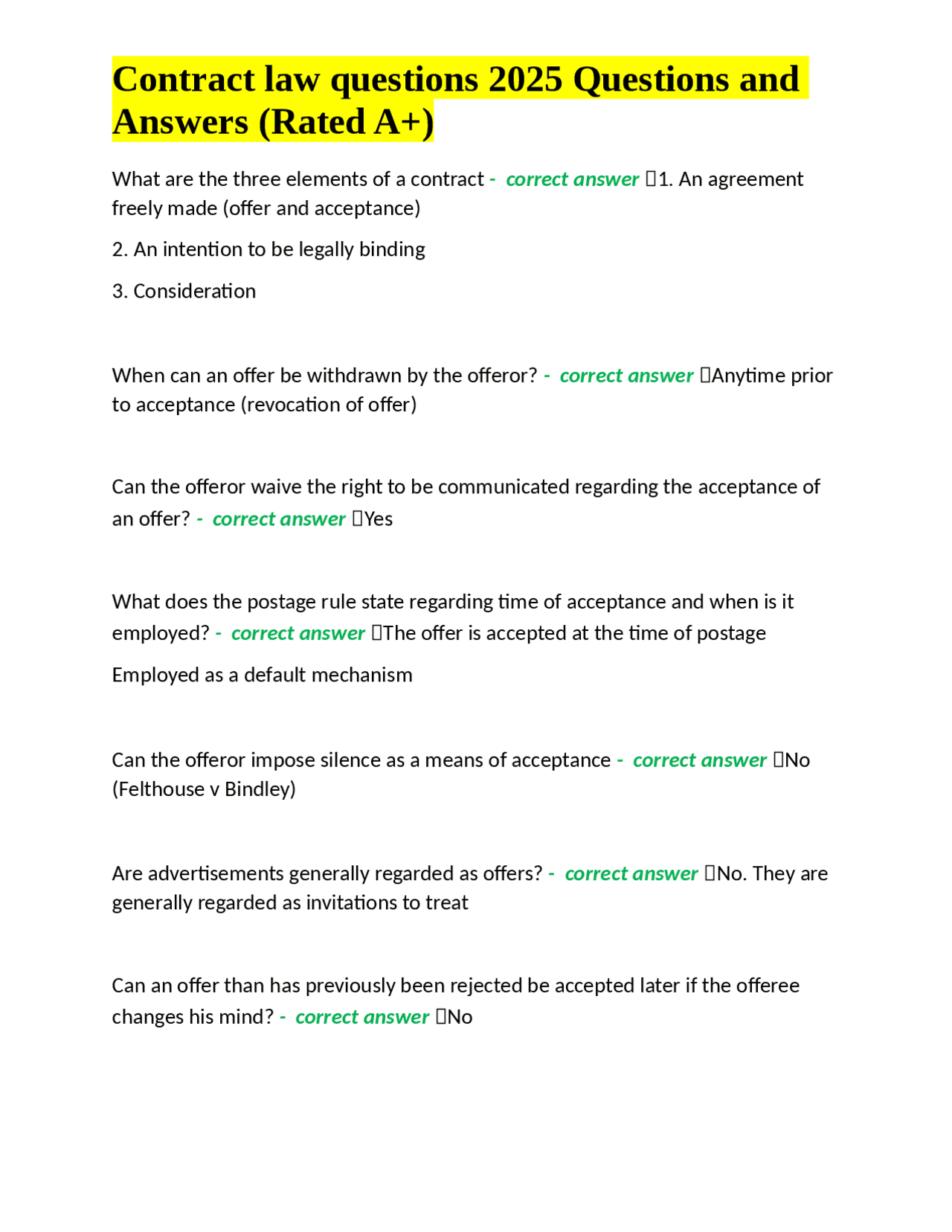 Contract law questions 2025 Questions and Answers (Rated A+) | Exams ...