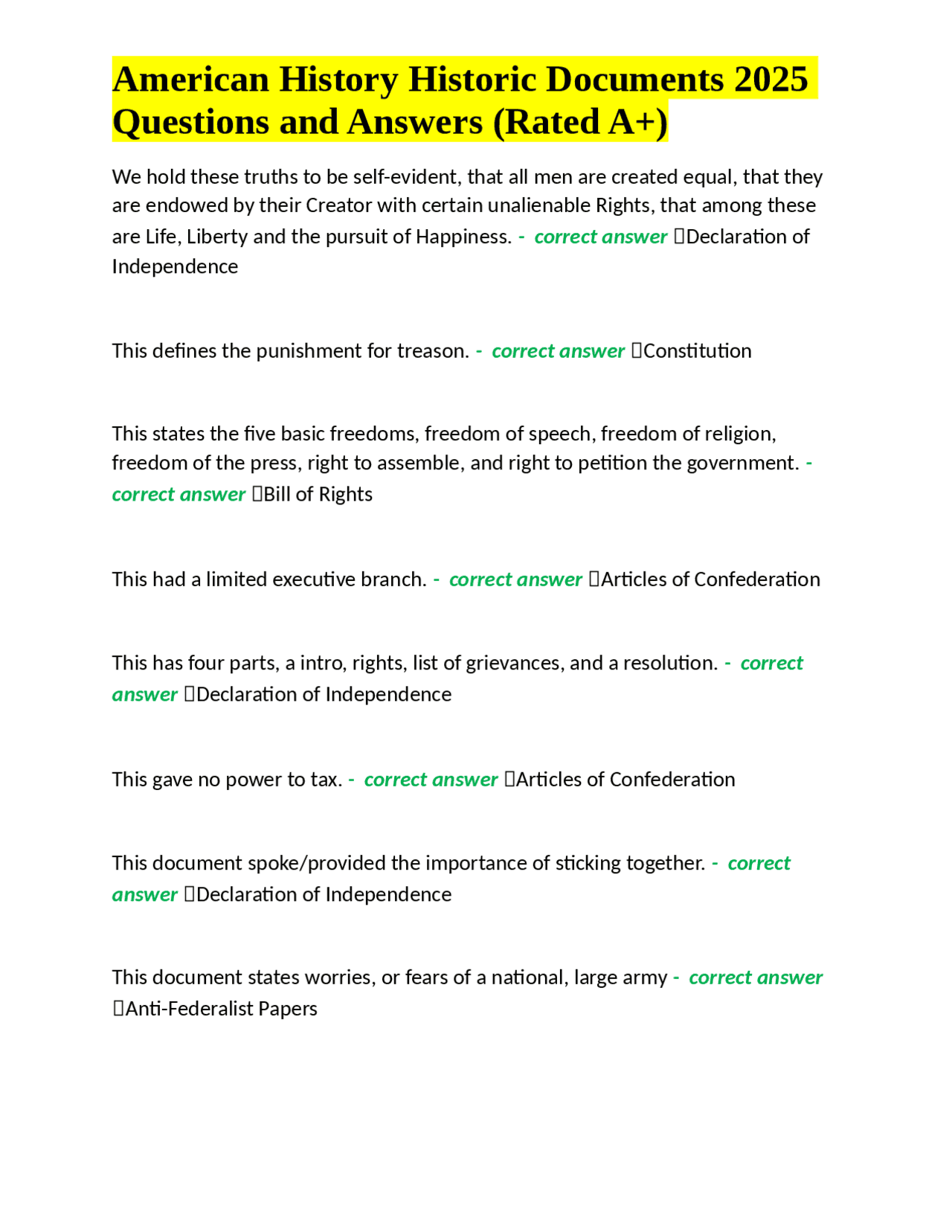 American History Historic Documents 2025 Questions and Answers (Rated ...