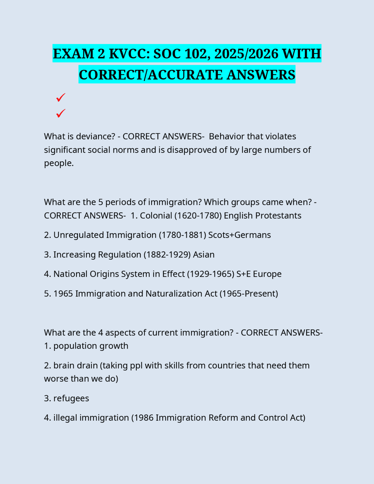 EXAM 2 KVCC: SOC 102, 2025/2026 WITH CORRECT/ACCURATE ANSWERS | Exams Nursing | Docsity