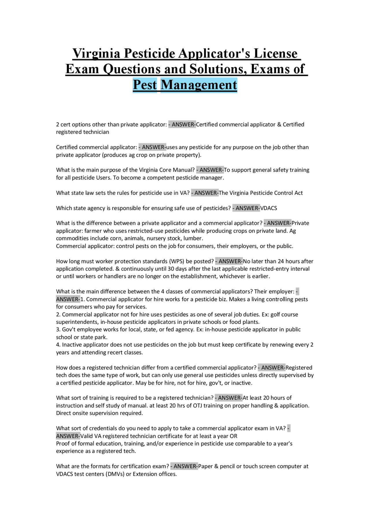 Virginia Pesticide Applicator's License ExamQuestions and Solutions ...