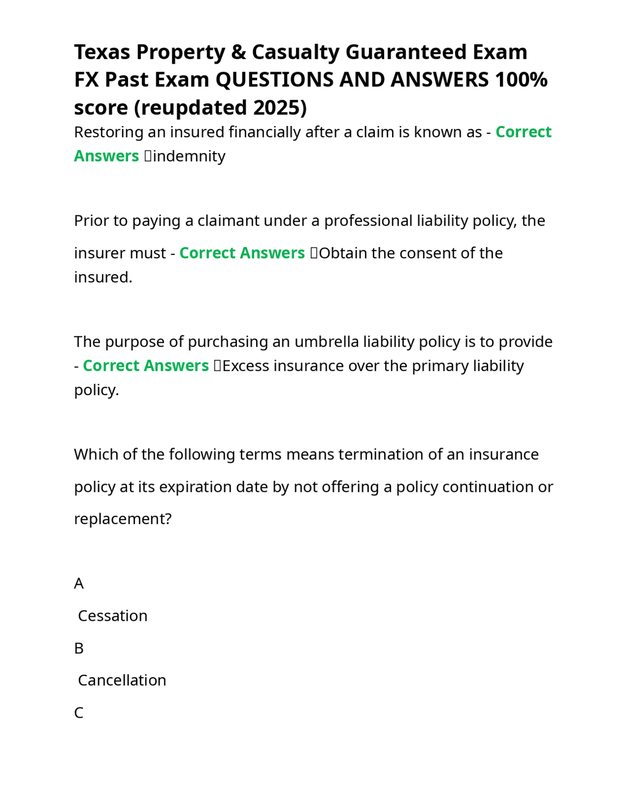 Texas Property & Casualty Guaranteed Exam FX Past Exam QUESTIONS AND ...