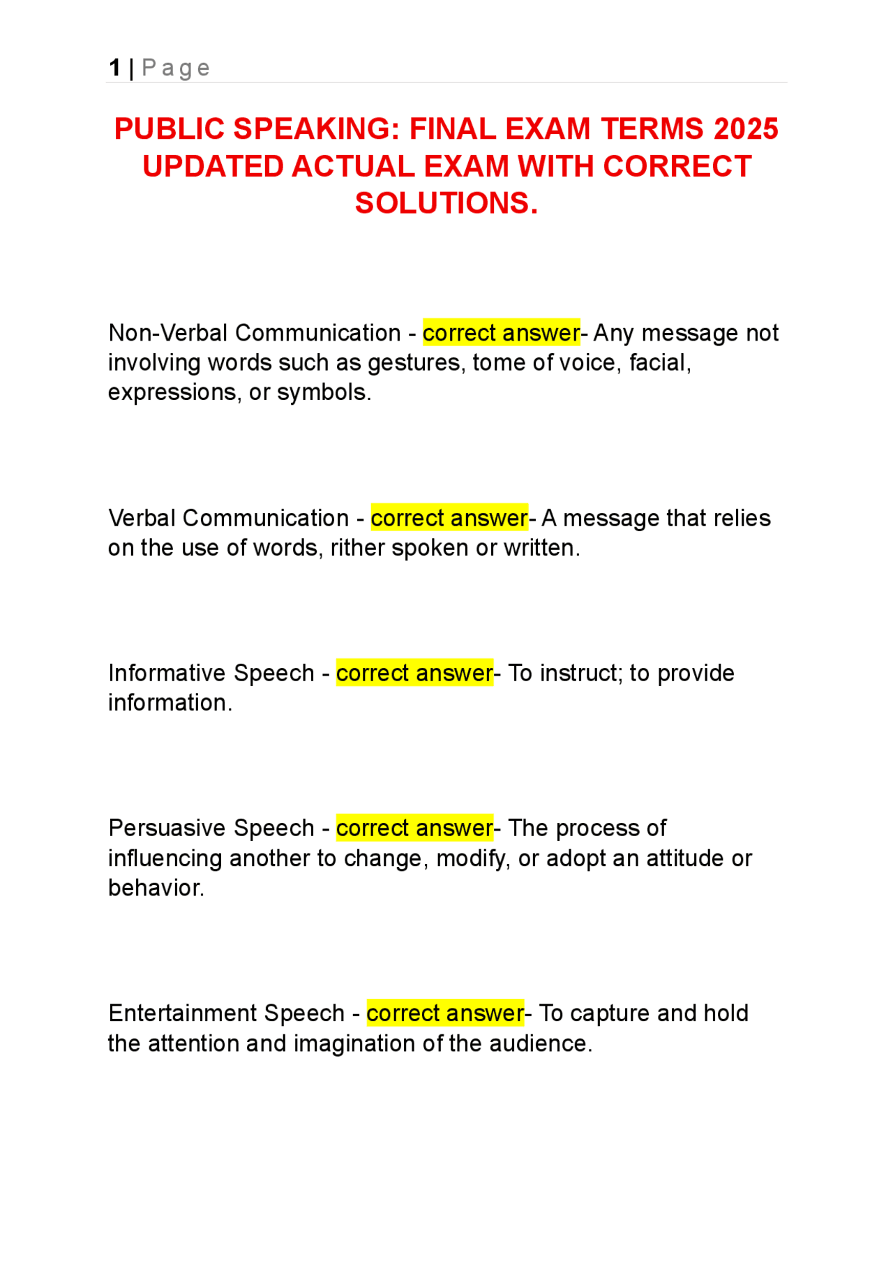 PUBLIC SPEAKING: FINAL EXAM TERMS 2025 UPDATED ACTUAL EXAM WITH CORRECT ...