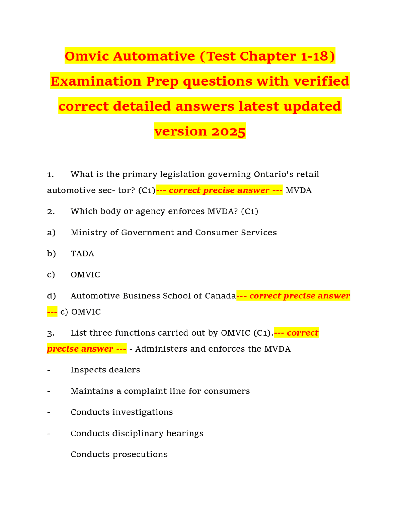 Omvic Automative (Test Chapter 1-18) Examination Prep questions with ...