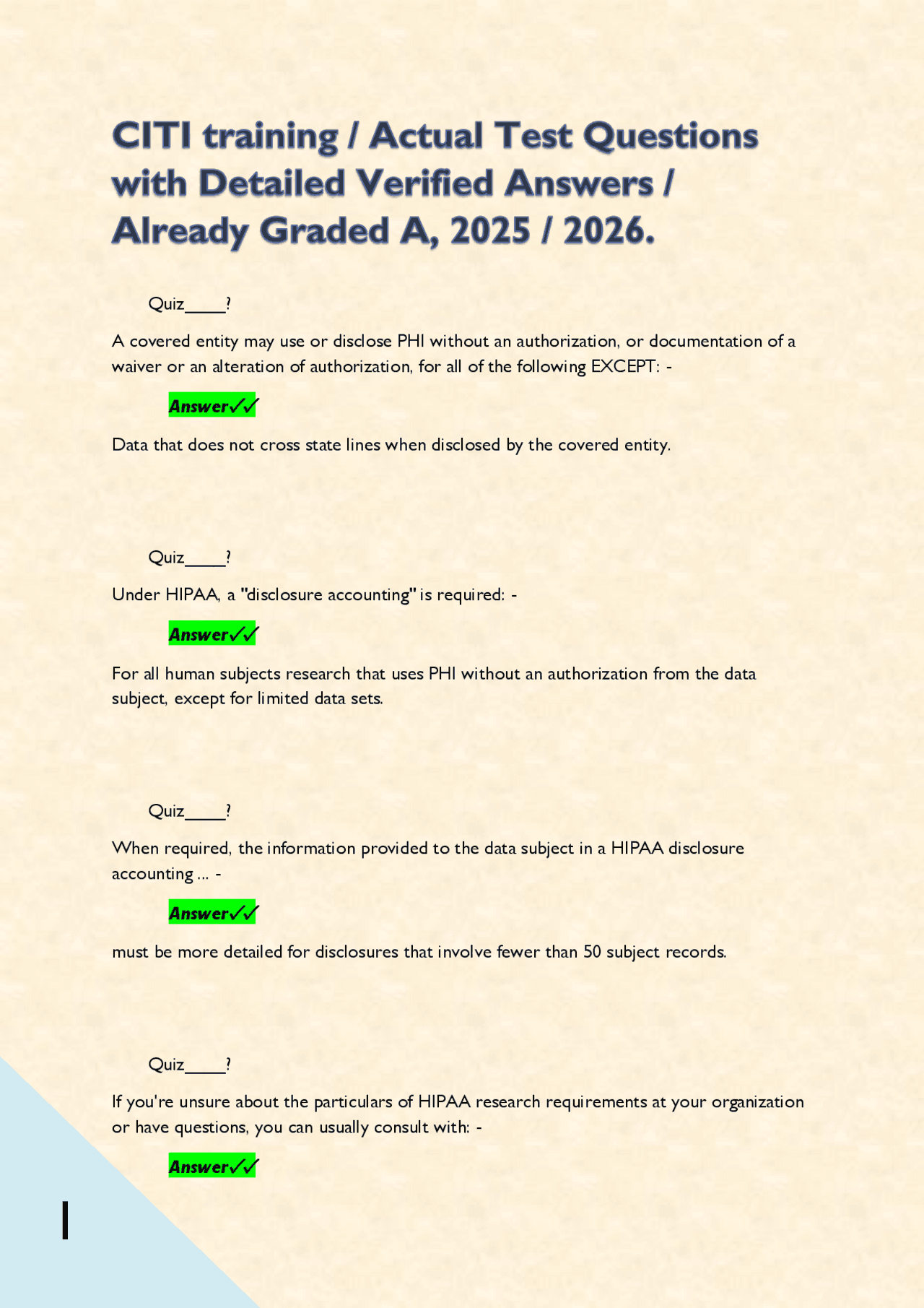 CITI training / Actual Test Questions with Detailed Verified Answers ...
