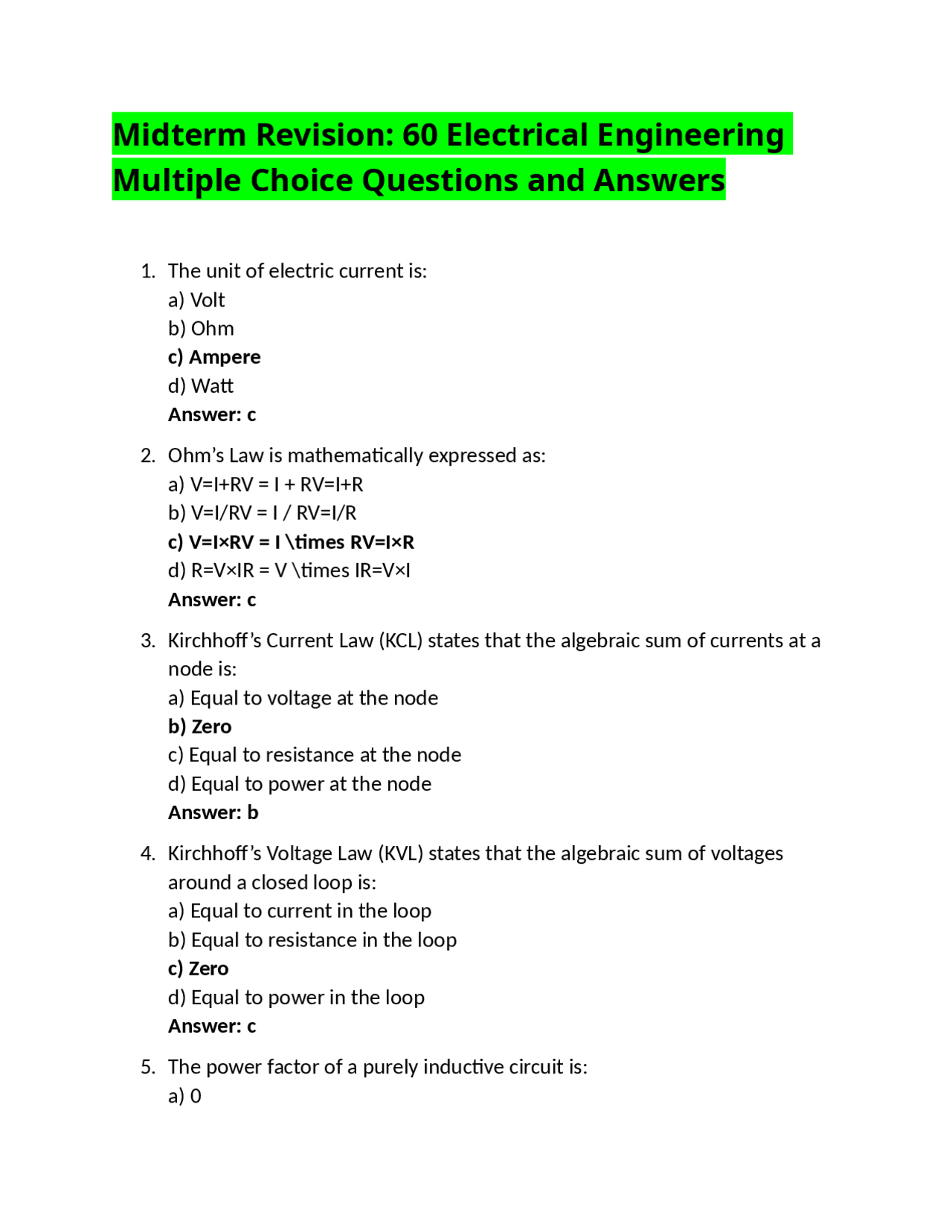 Midterm Revision: 60 Electrical Engineering Multiple Choice Questions ...