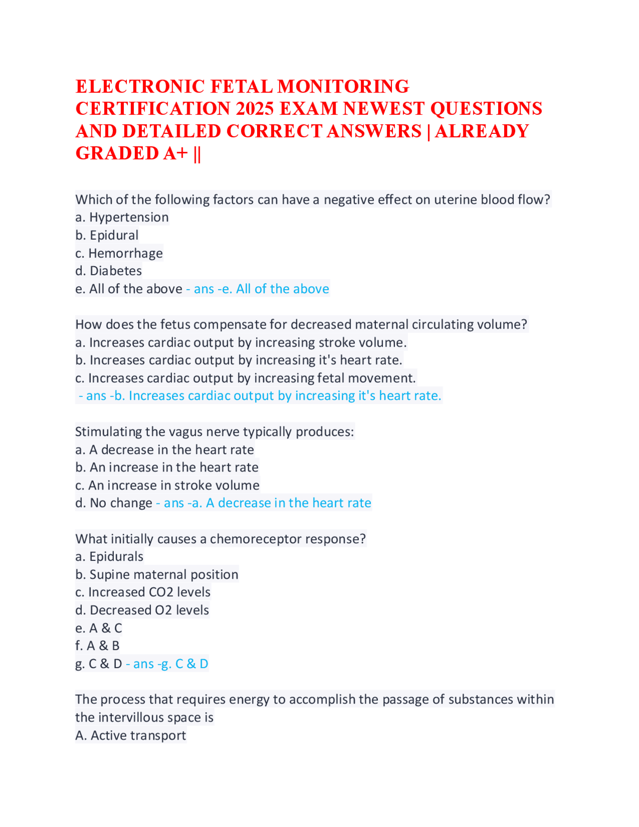 ELECTRONIC FETAL MONITORING CERTIFICATION 2025 | Exams Nursing | Docsity
