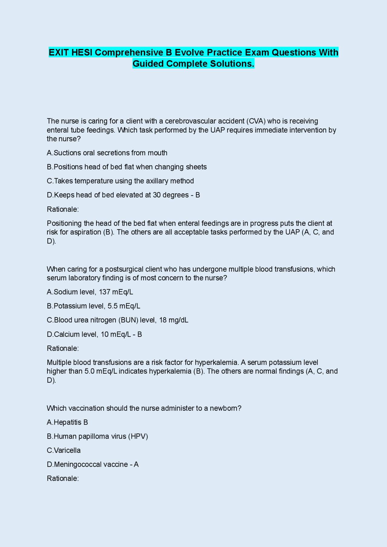 EXIT HESI Comprehensive B Evolve Practice Exam Questions With Guided ...