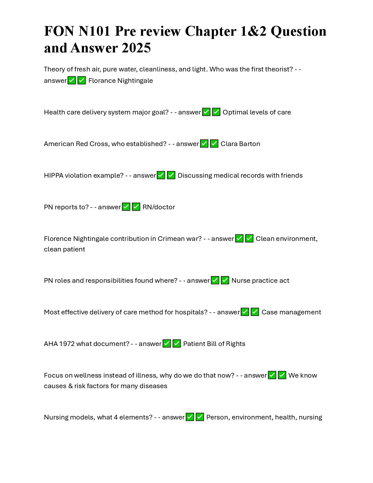 FON N101 Pre review Chapter 1&2 Question and Answer 2025 | Exams ...