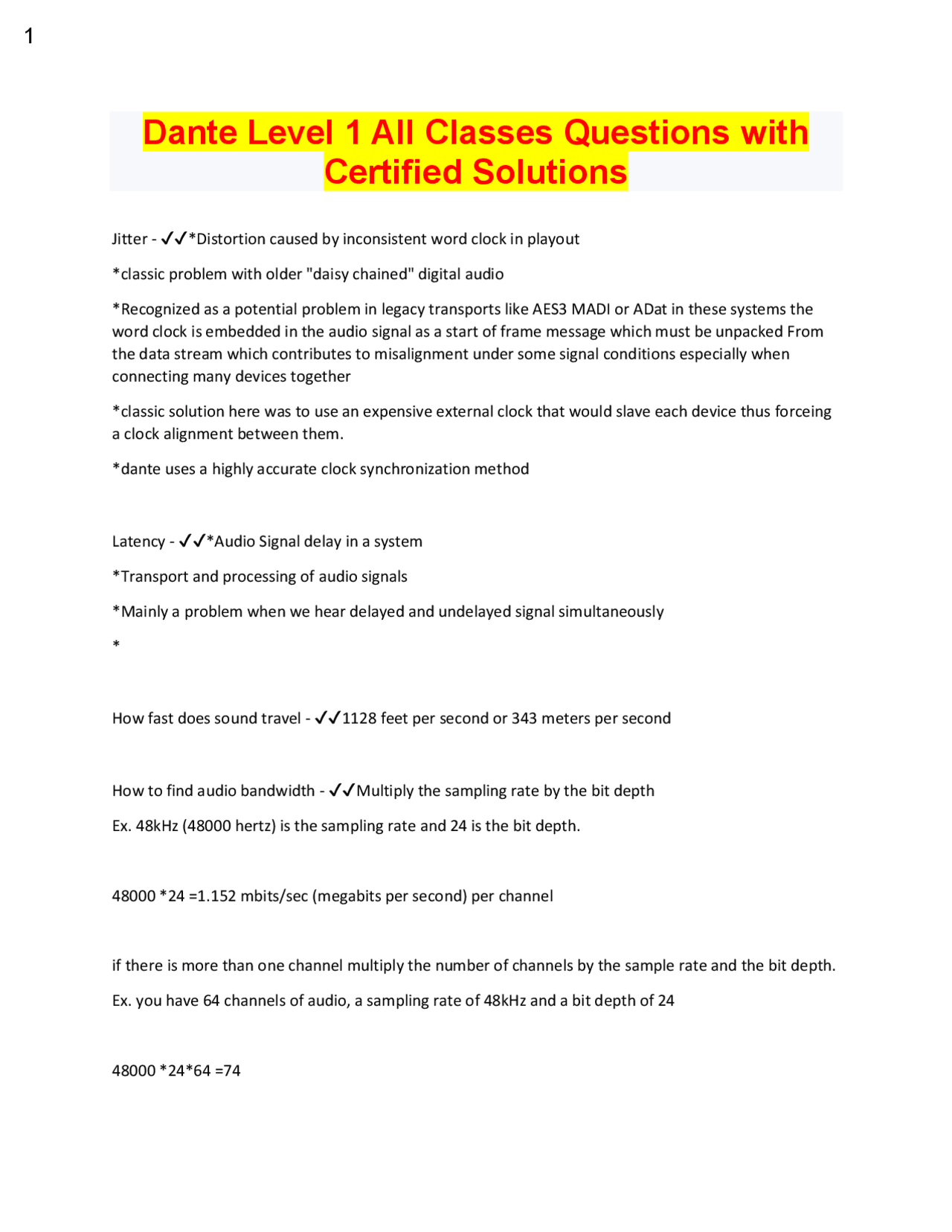 Dante Level 1 All Classes Questions with Certified Solutions Jitter ...