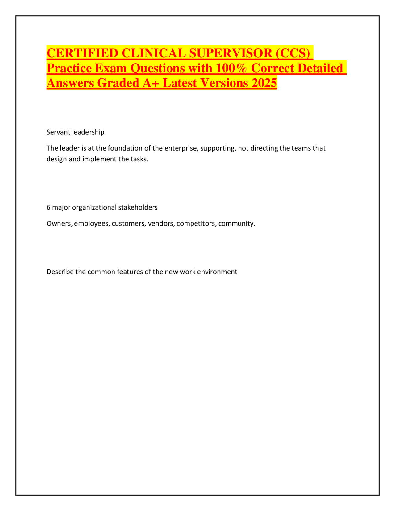 CERTIFIED CLINICAL SUPERVISOR (CCS) Practice Exam Questions with 100% ...