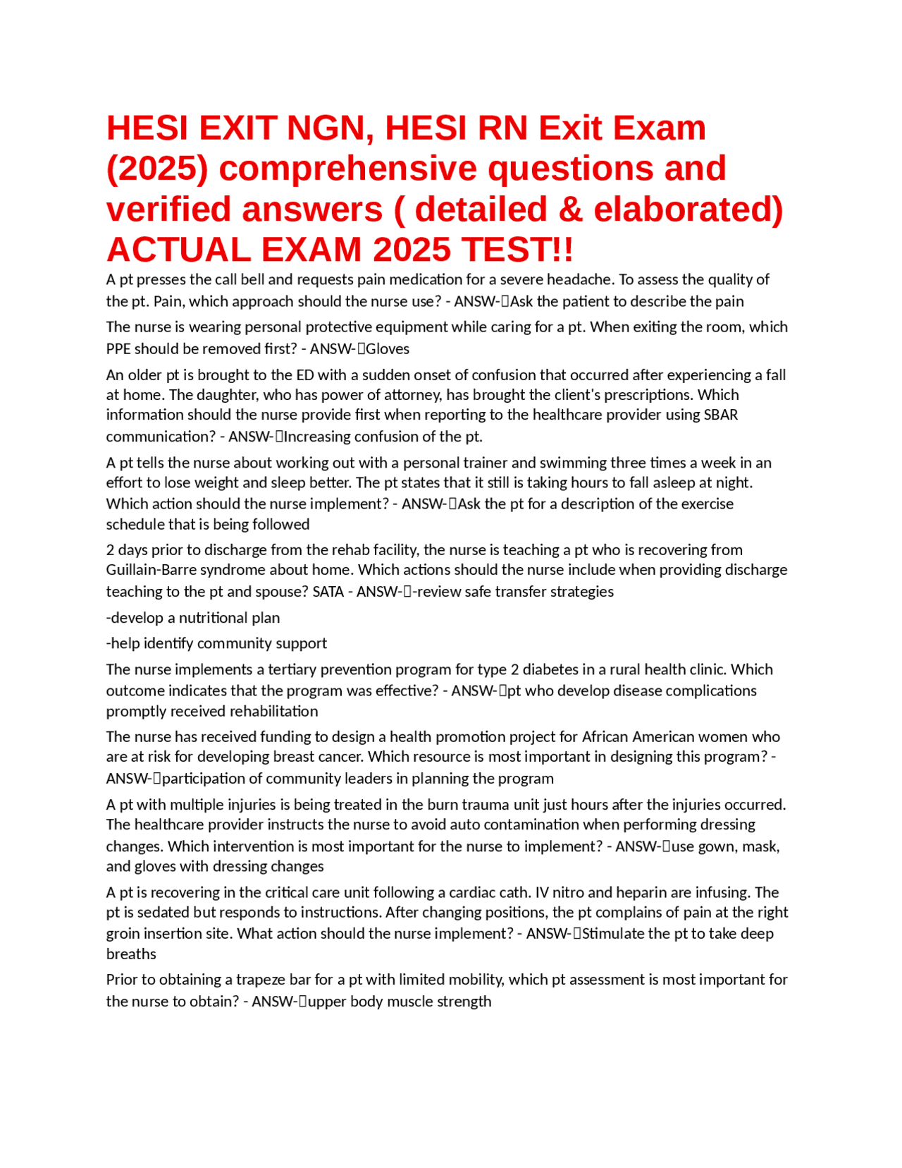 HESI EXIT NGN, HESI RN Exit Exam (2025) comprehensive questions and ...